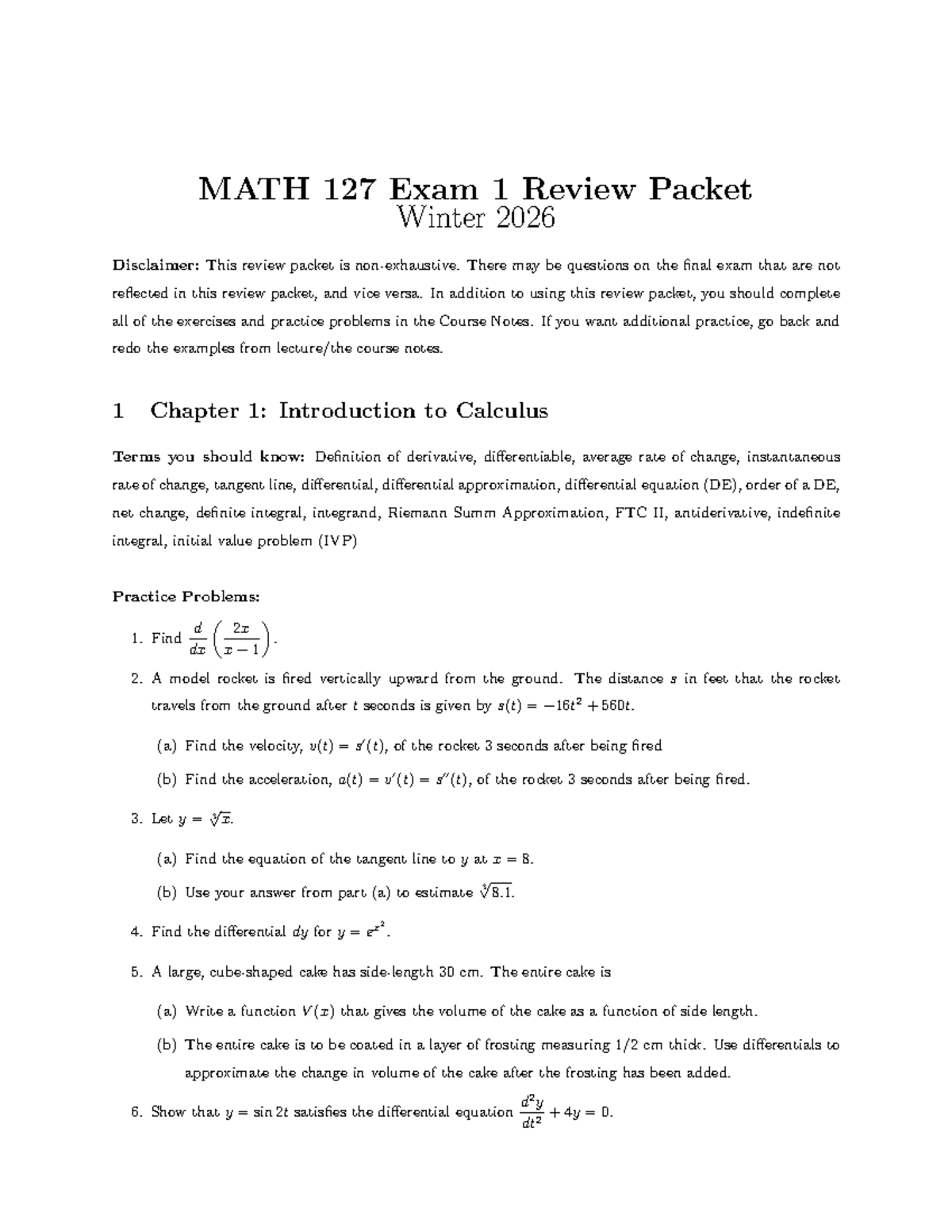 MATH 127 Exam 1 Review Packet Winter 2026 - Studocu
