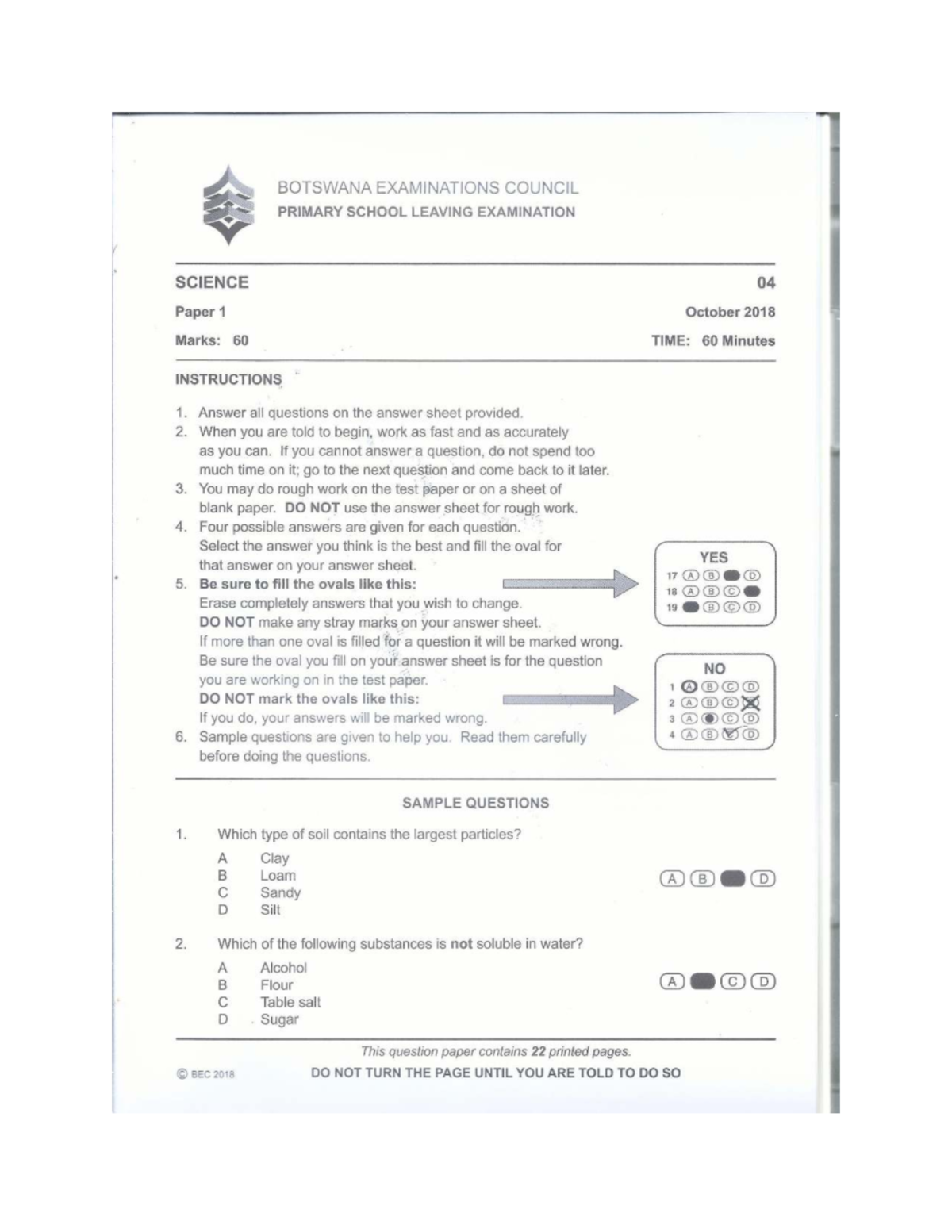 PSLE Science 2018 Exam Paper 1 - Botswana Council - Studocu