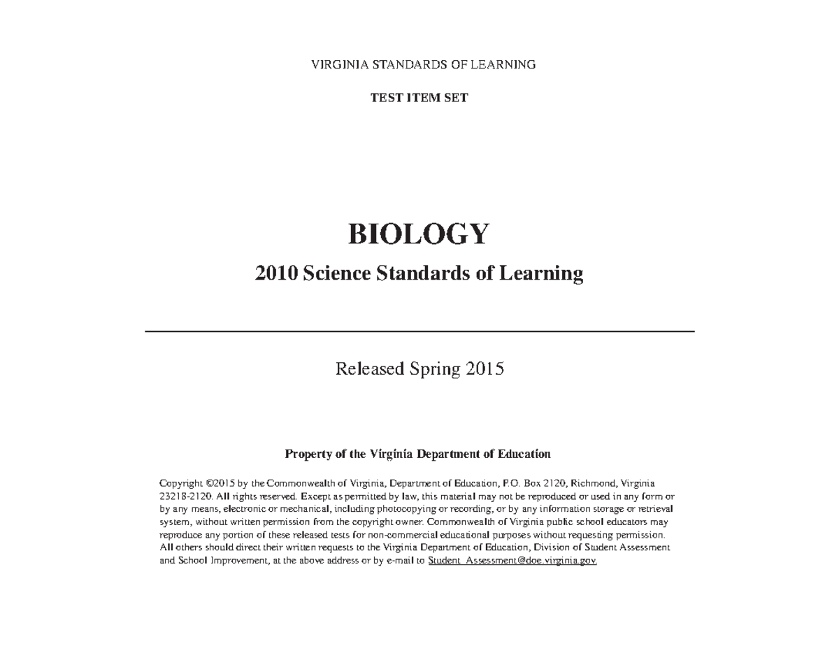 Biology SOL Released Test Item Set - Spring 2015 - Studocu