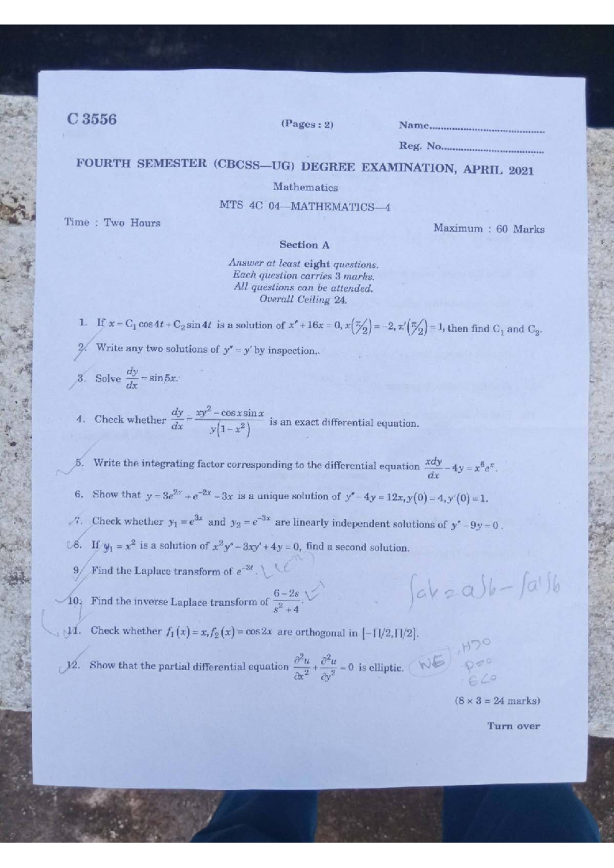 QP 4 - 4TH SEM Mathematics Exam Questions and Solutions - Studocu