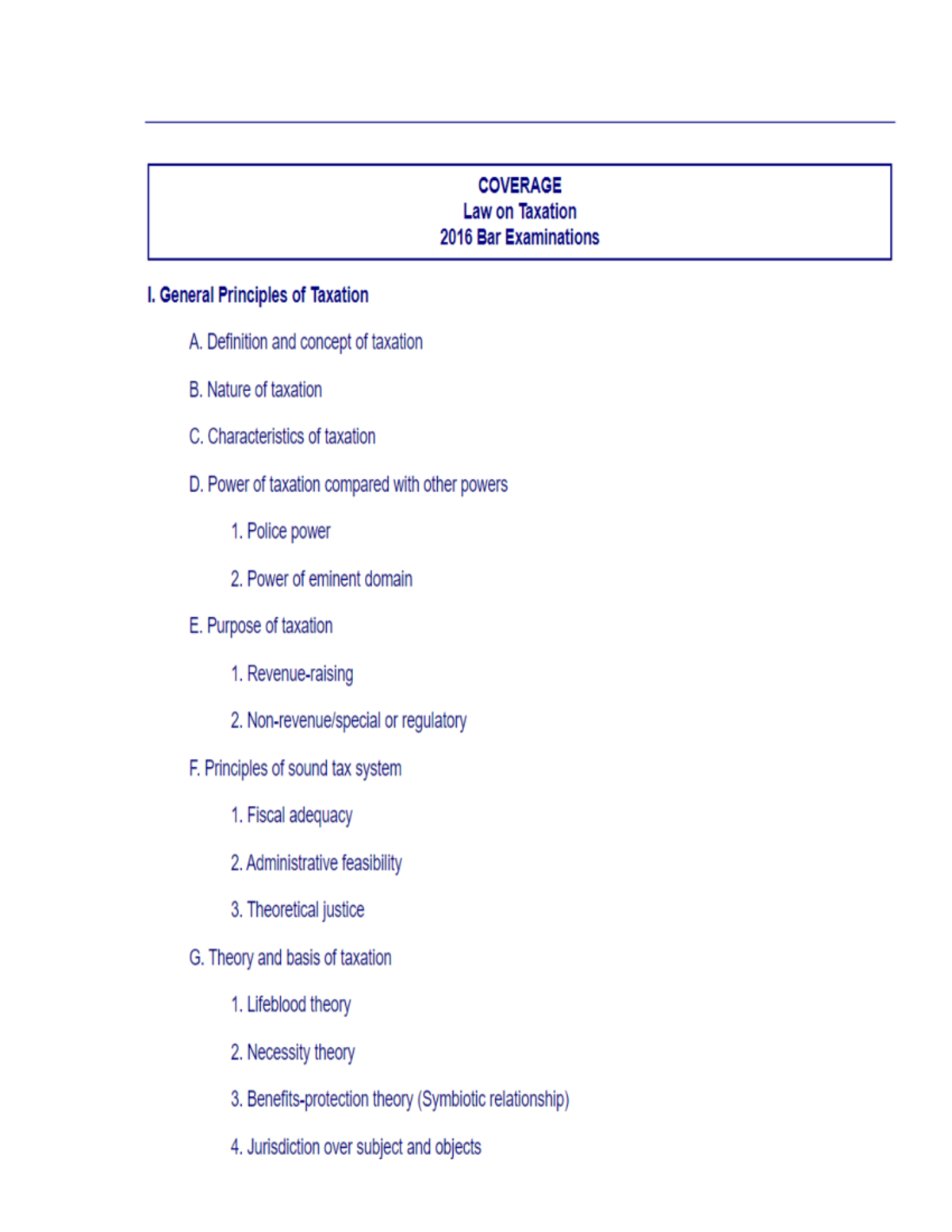Taxation- Outline - COVERAGE Law on Taxation 2016 Bar Examinations I ...