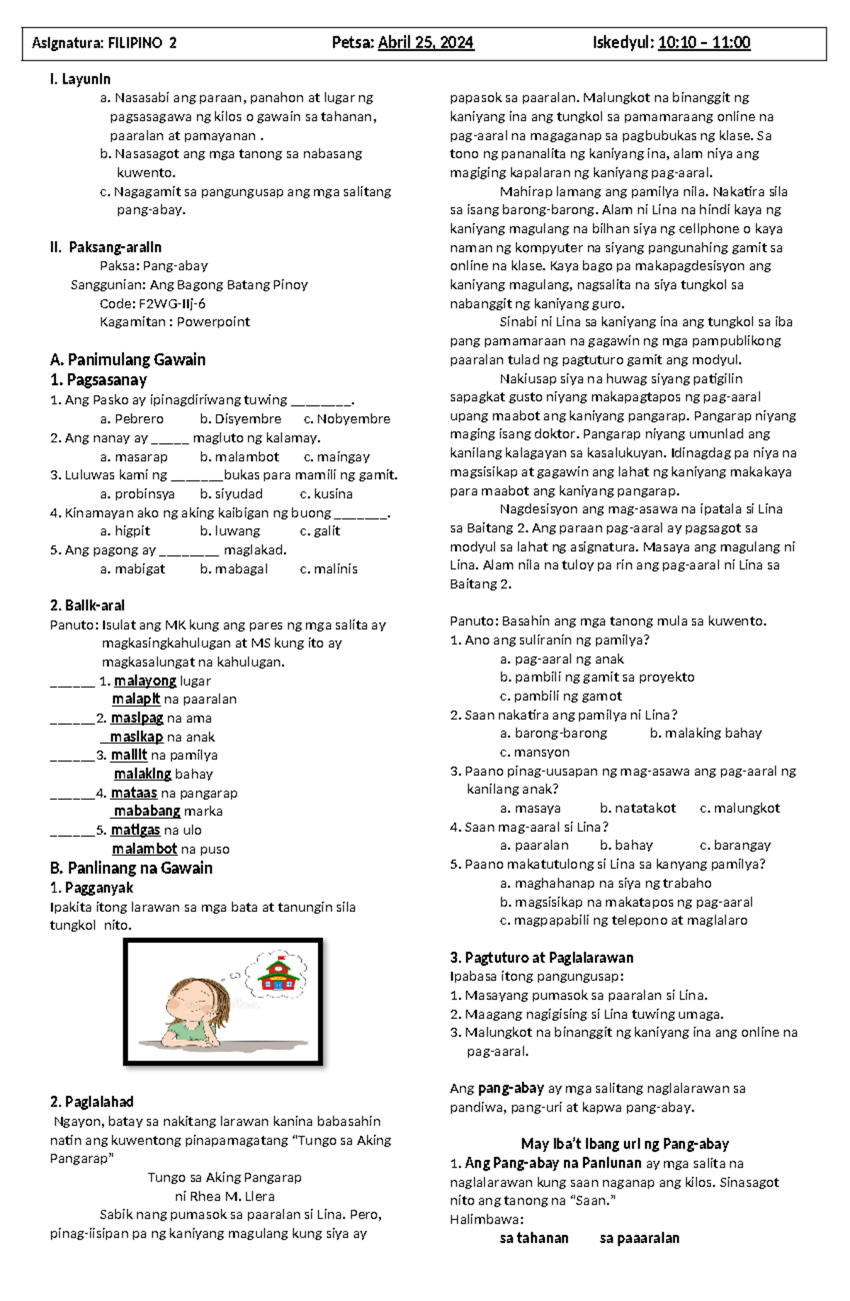 FILIPINO 2 - Lesson on Pang-abay and Reading Comprehension Activities ...