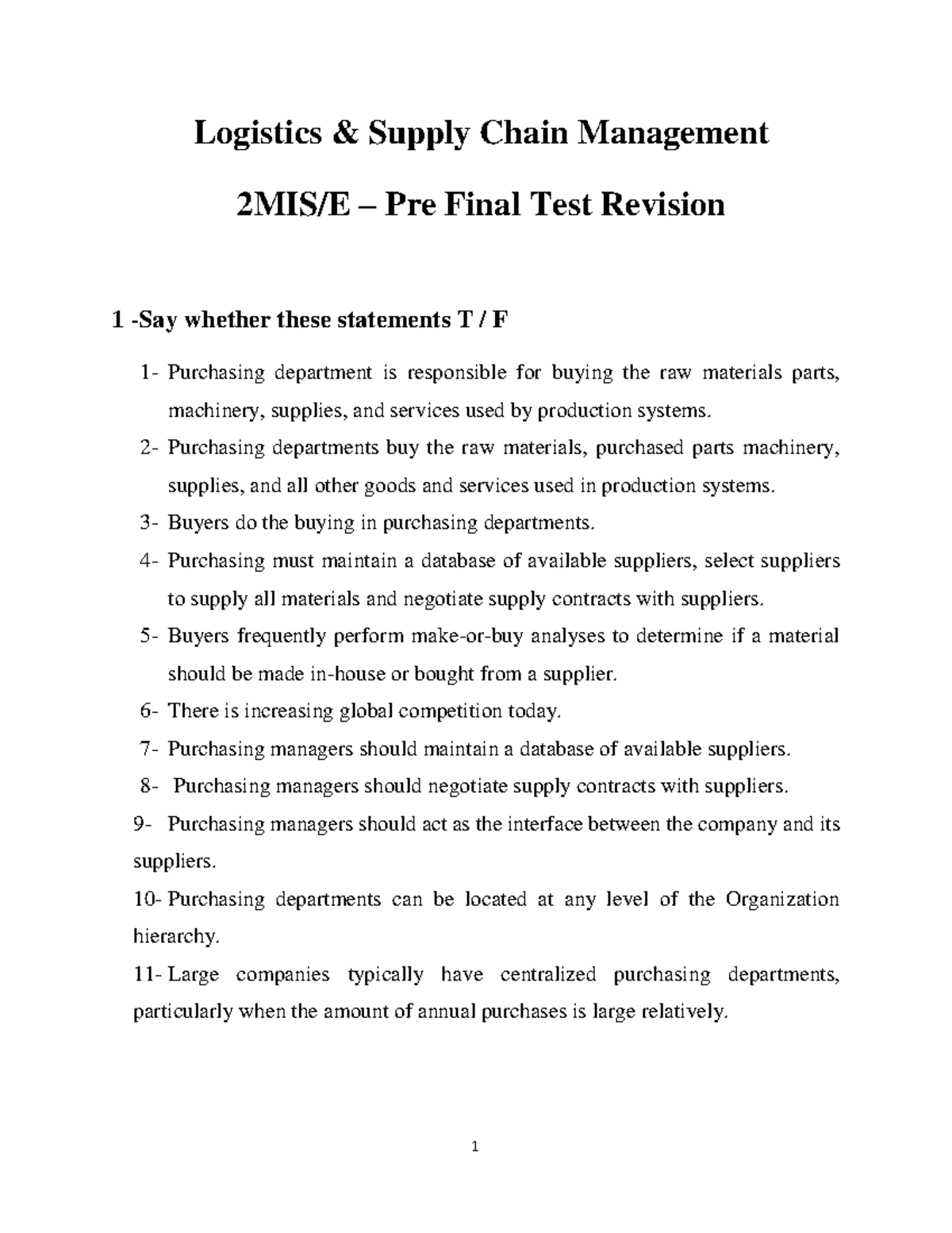 Logistics Supply Chain Management Pre-Final Test Revision 1 - Studocu