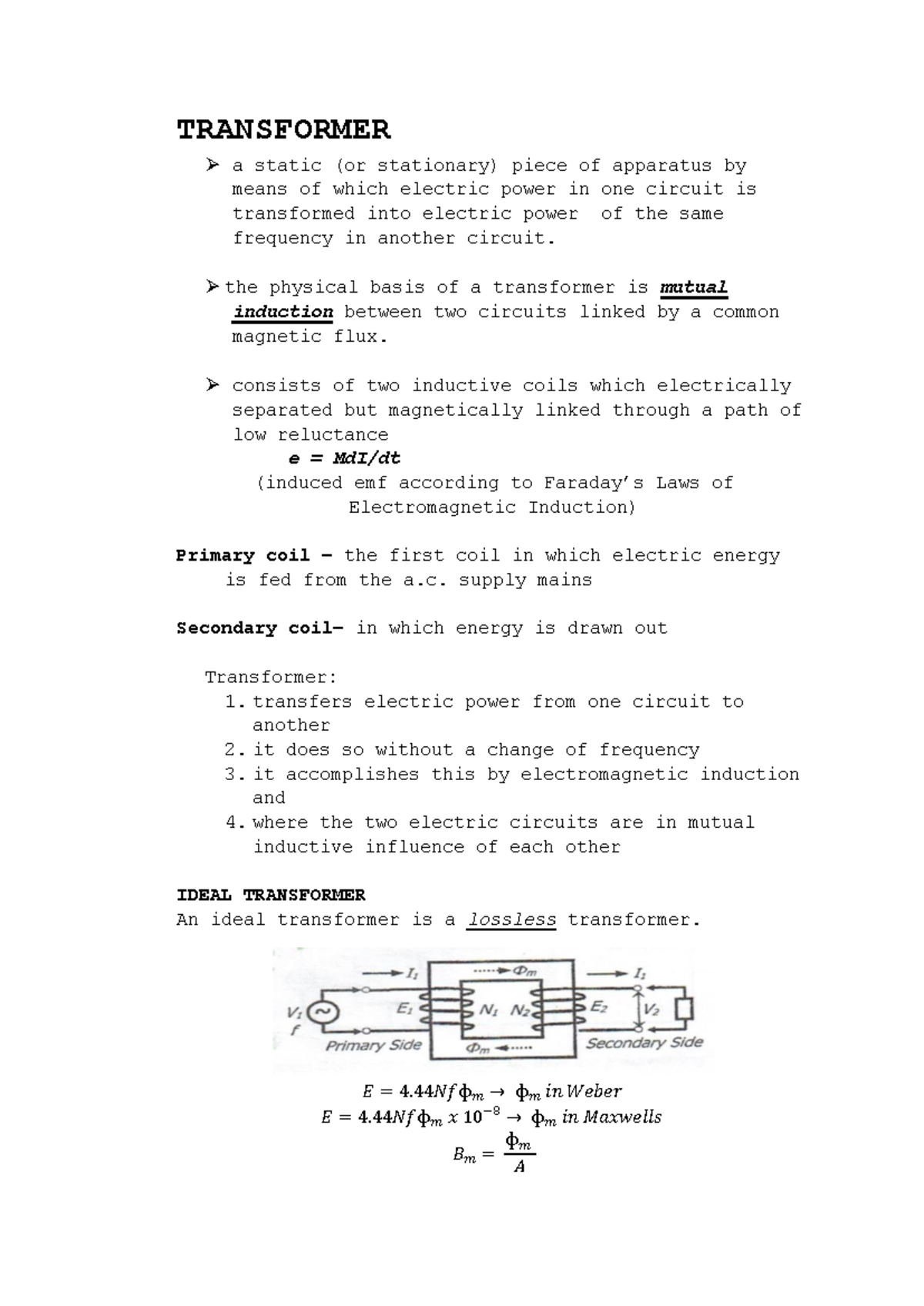 Transformer Study Material and Key Concepts for EE 301 - Studocu