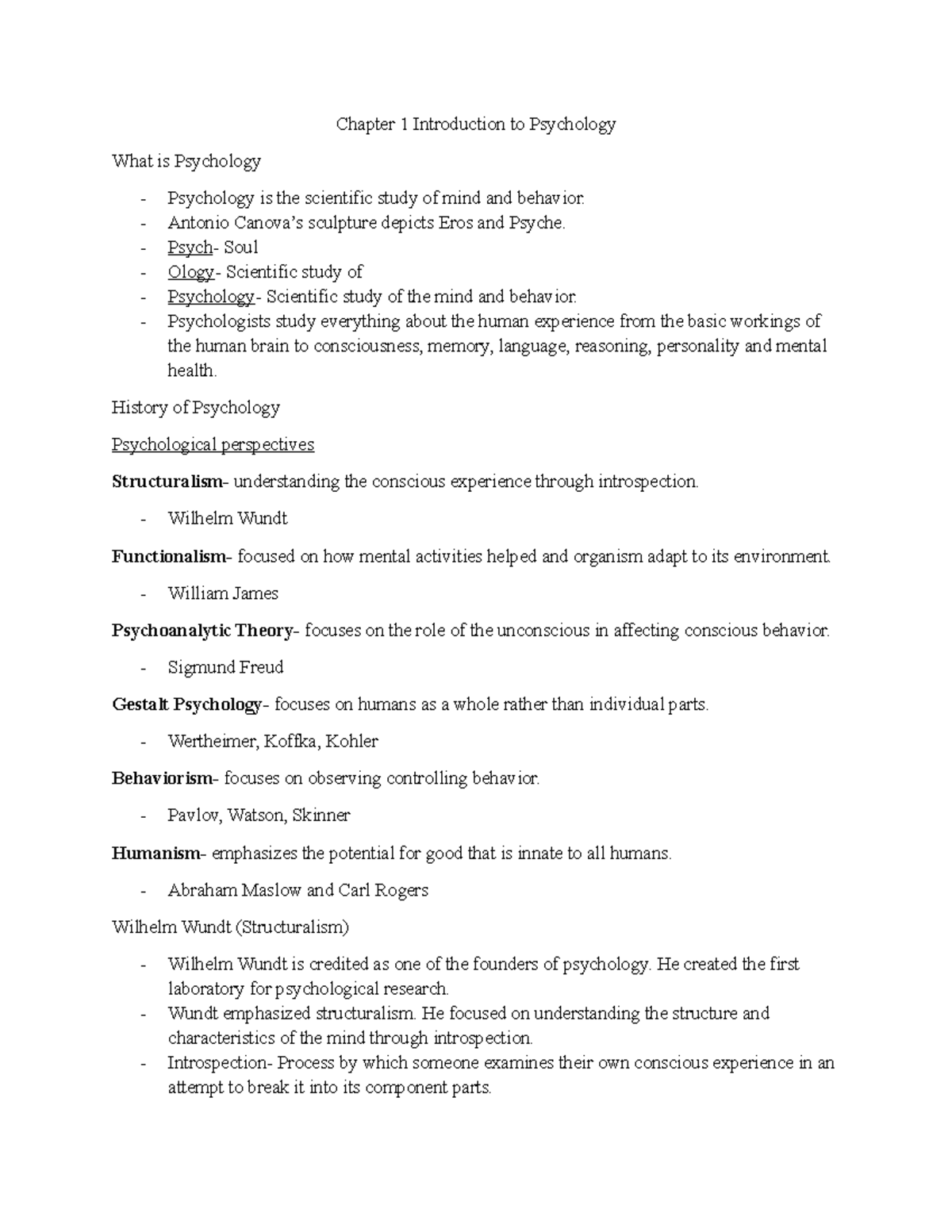 Chapter 1 Notes - Chapter 1 Introduction to Psychology What is ...
