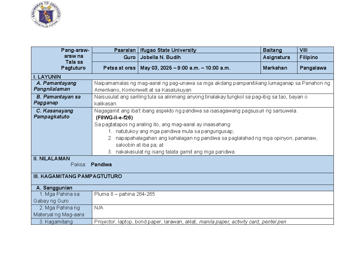Fil 8: Pandiwa at Aspeto Nito - Lesson Plan at Gawain - Studocu
