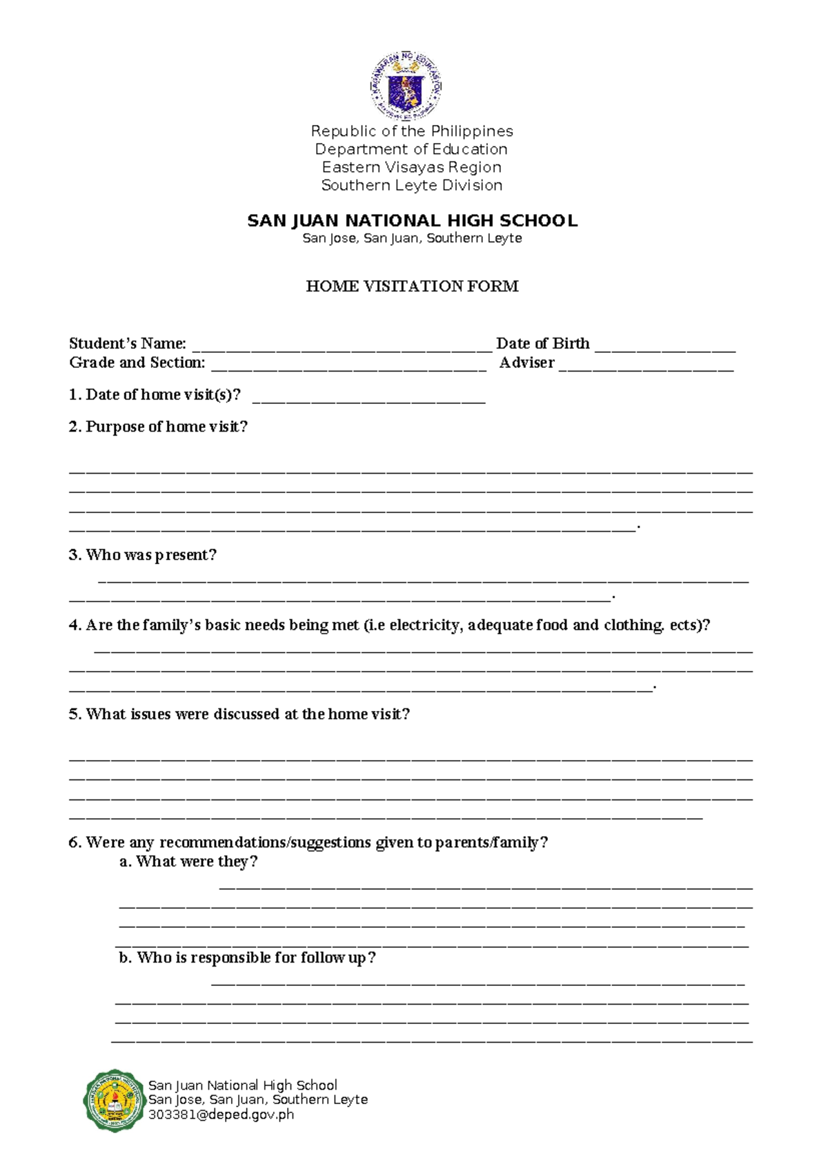 Home Visitation Form - San Juan National High School - Studocu