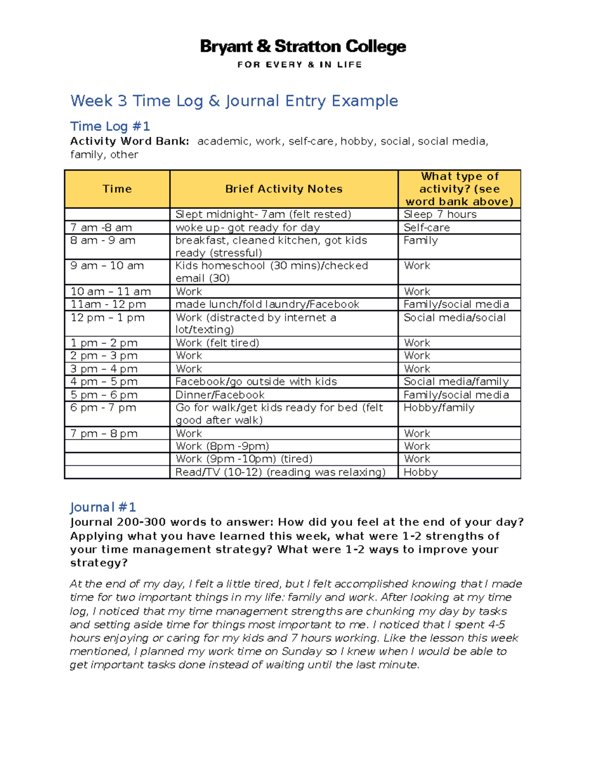 Week 3 Time Log Journal Entry Example - Studocu