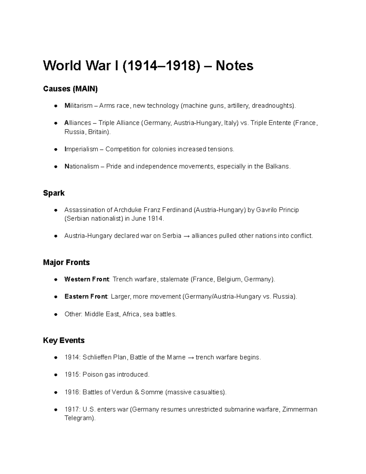 WW1 Notes: Causes, Key Events, and Major Fronts Analysis - Studocu