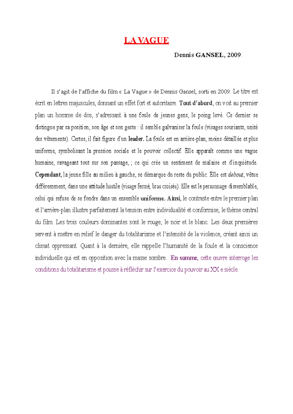 Analyse de l'image du film LA VAGUE (2009) de Dennis Gansel - Studocu