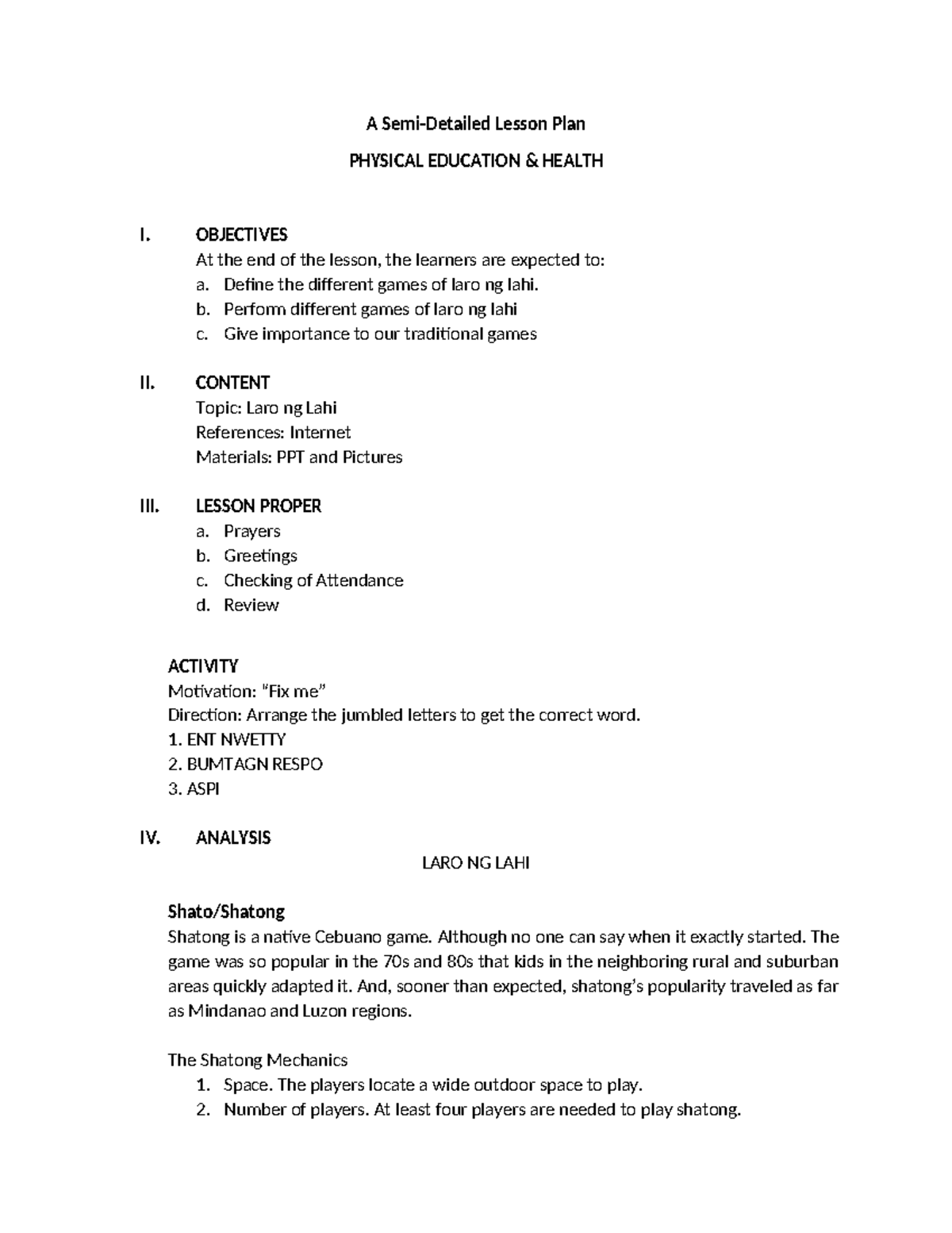 Semi-Detailed Lesson Plan on Traditional Games (PE & Health) - Studocu