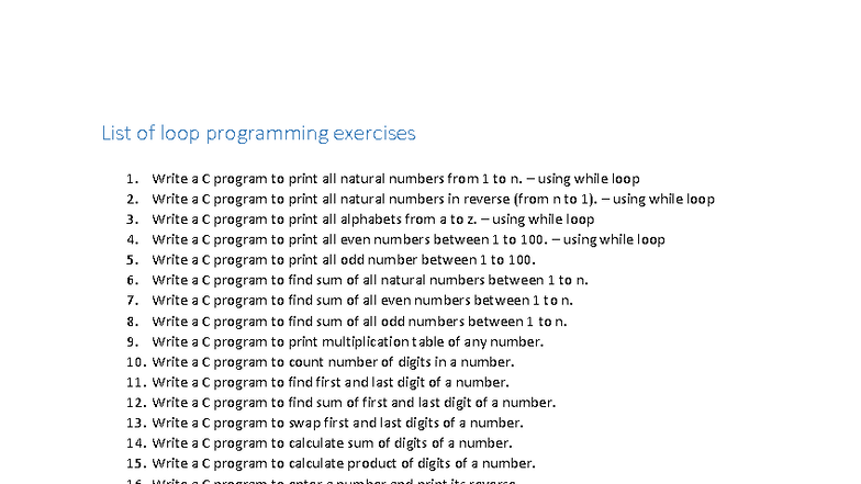 C Programming Loop Exercises: Comprehensive List of Tasks - Studocu