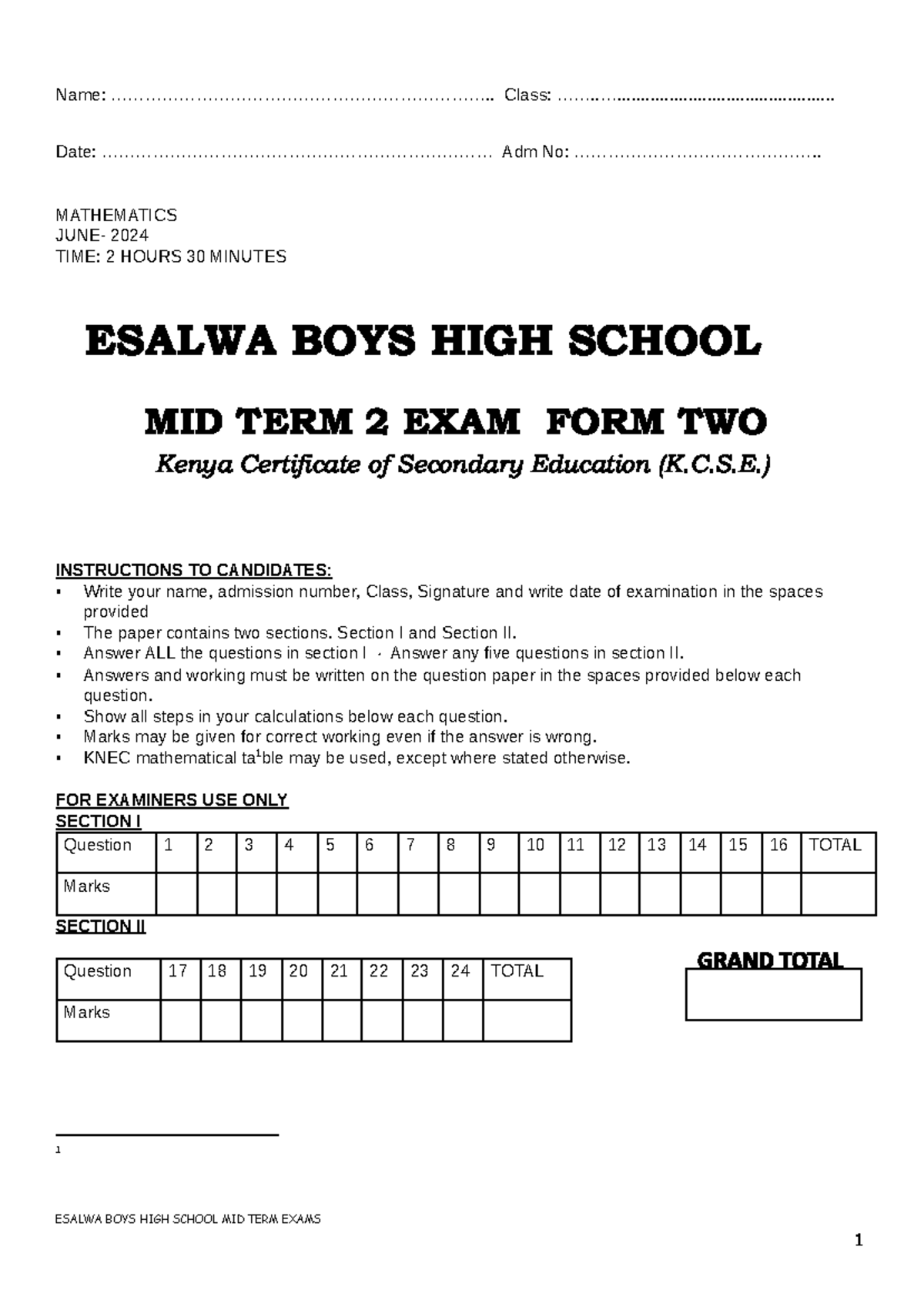 Form 2 Mathematics Midterm Exam Paper - K.C.S.E 2024 - Studocu
