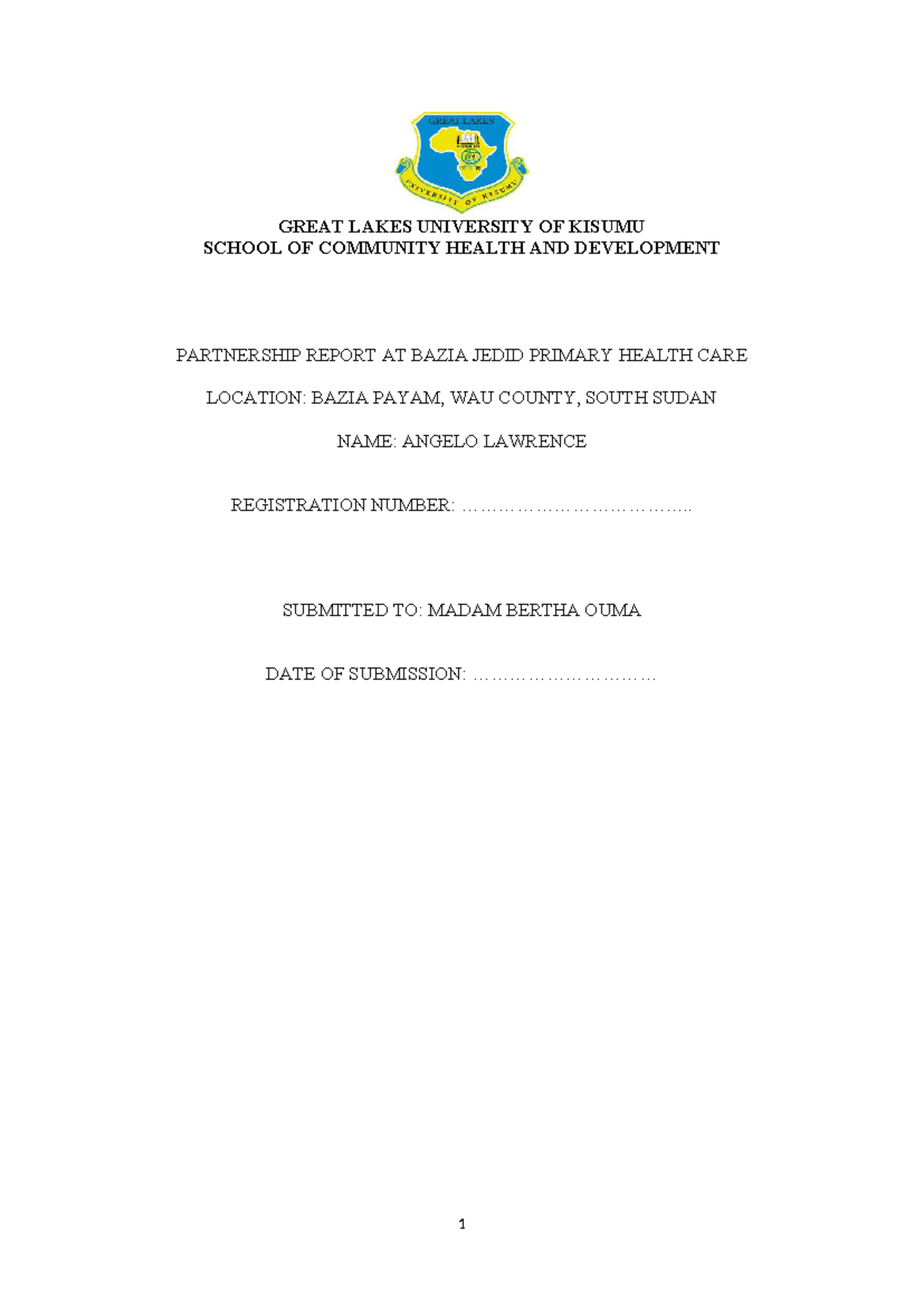 Partnership Report: Bazia Jedid PHCC, Wau County, South Sudan - Studocu