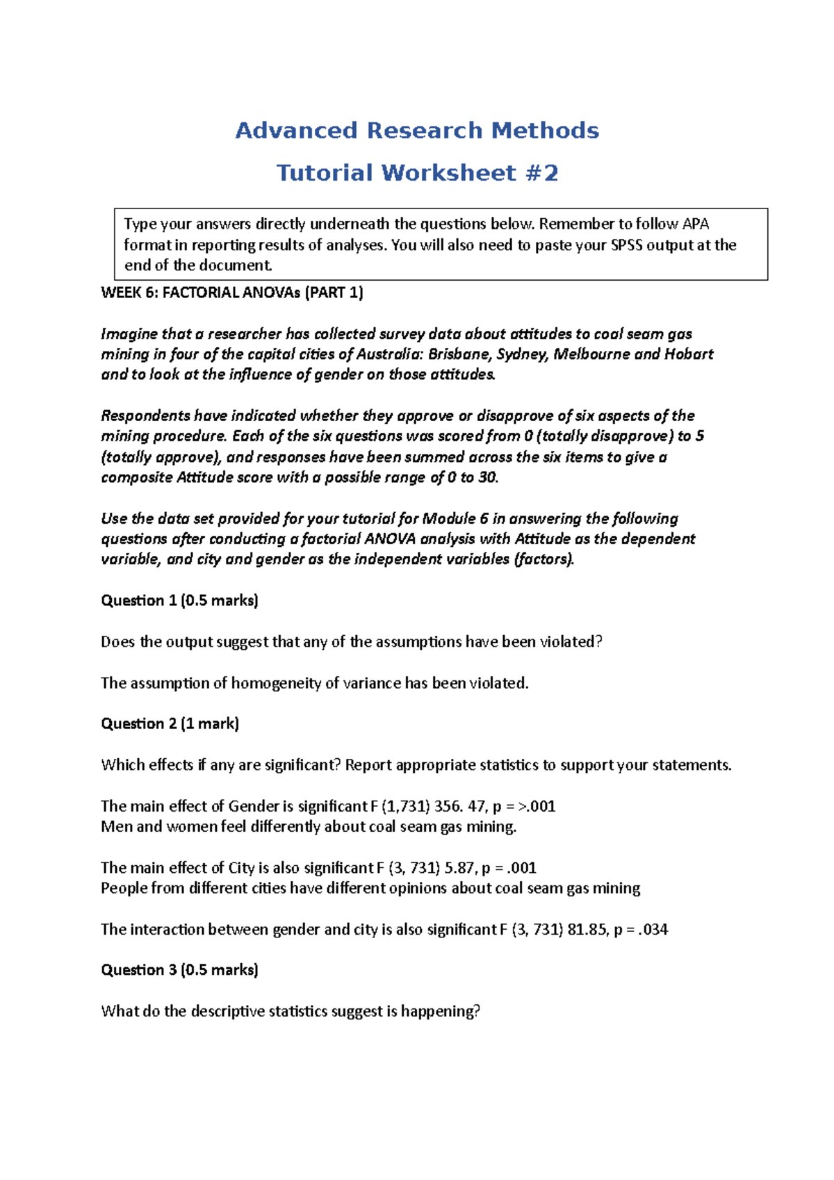 Tutorial Worksheet #2 - Advanced Research Methods Tutorial Worksheet ...