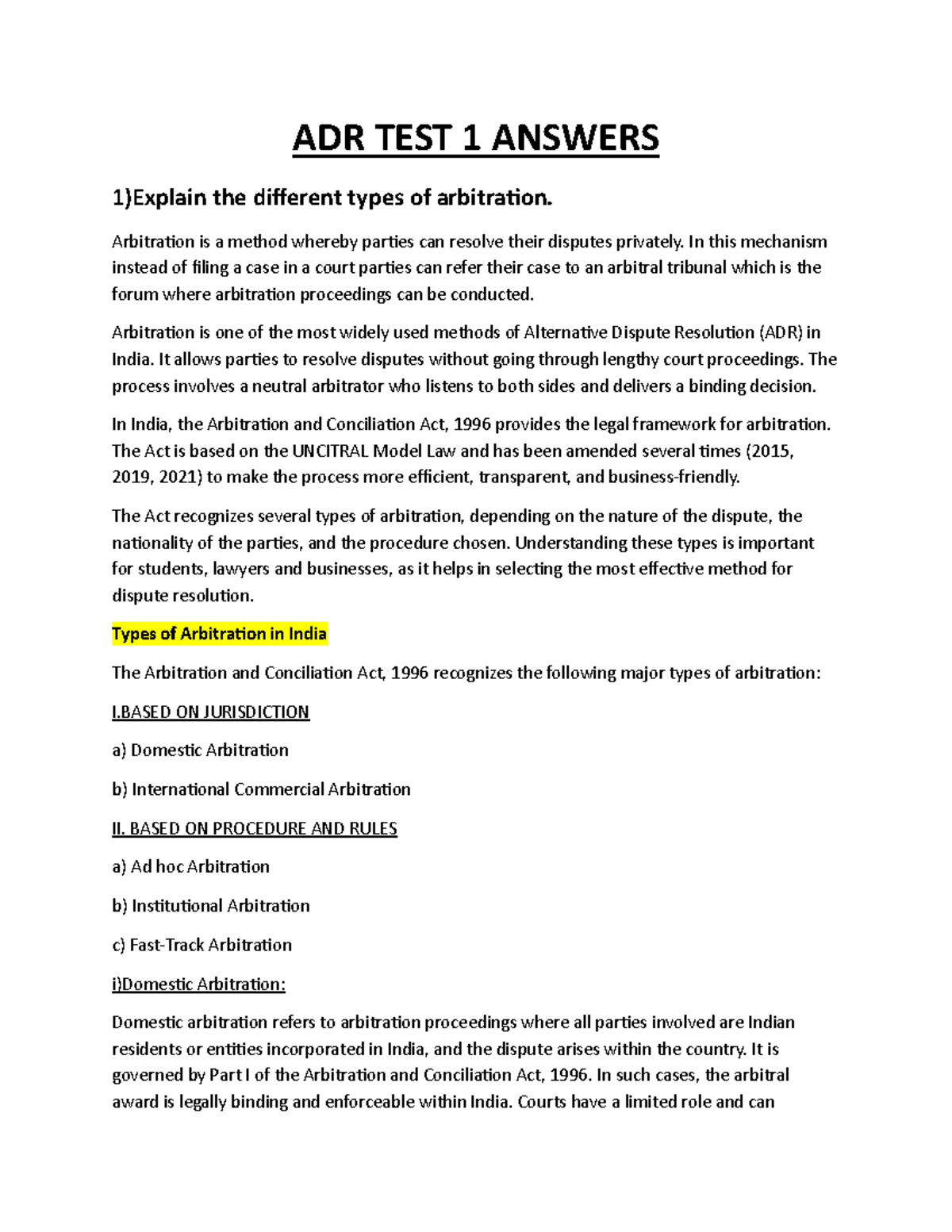 ADR TEST 1: Types of Arbitration and Key Concepts Explained - Studocu