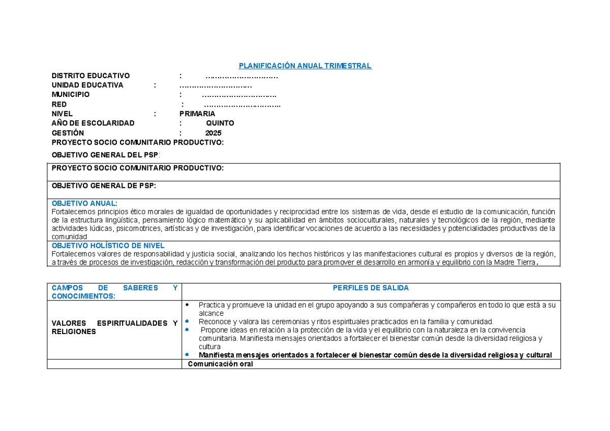 5to de Primaria PAT - plan Anual trimestralizado - PLANIFICACIÓN ANUAL ...