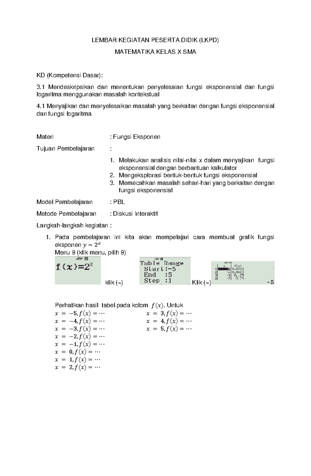 LKPD Kelas X SMA: Materi Fungsi Eksponen dan Logaritma - Studocu