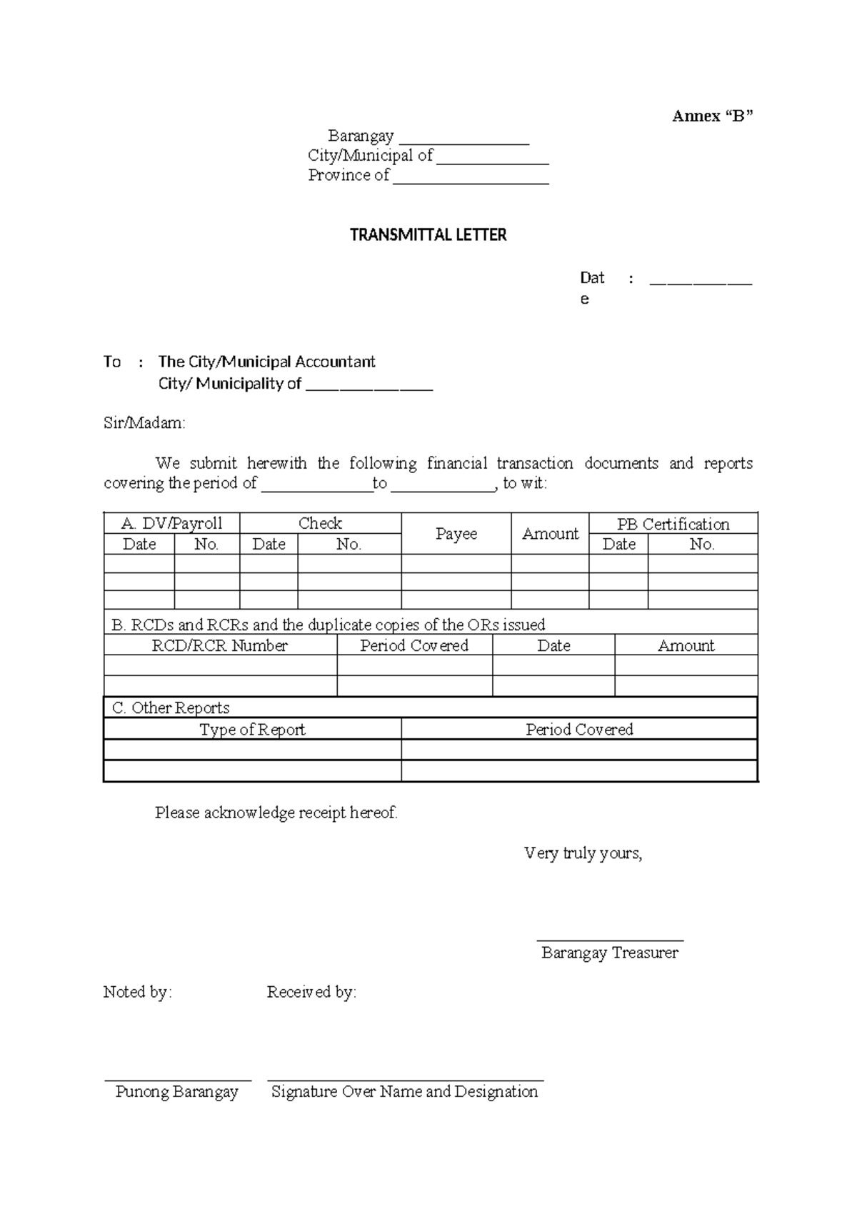 Transmittal Letter Sample for Financial Reports (Annex B) - Studocu