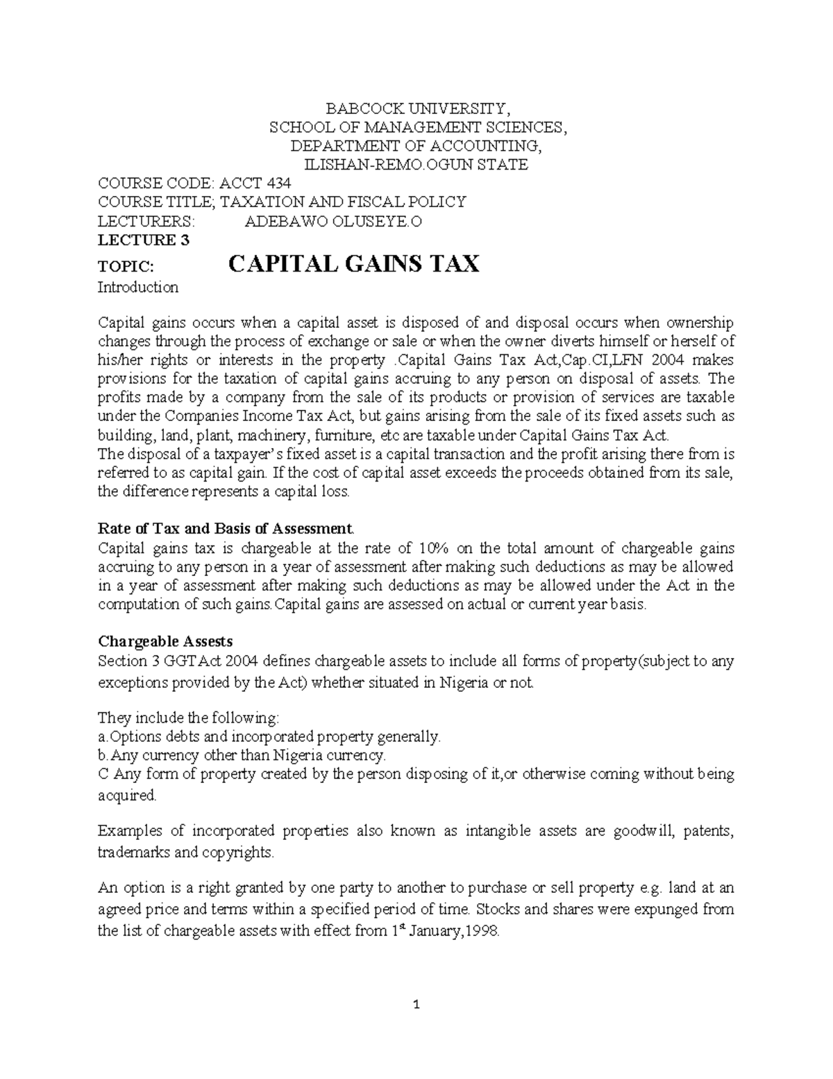 ACCT 434 Lecture 3: Understanding Capital Gains Tax and Its ...