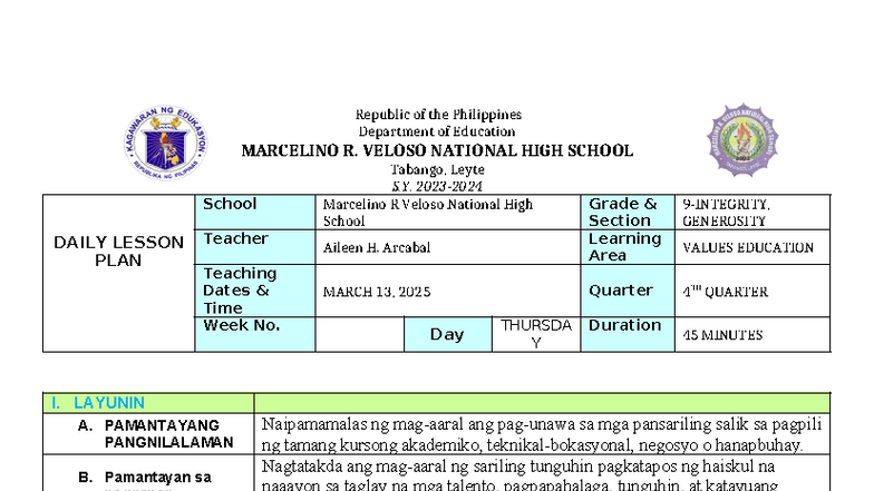 Grade 9 Values Education Daily Lesson Plan: Choosing the Right Course ...