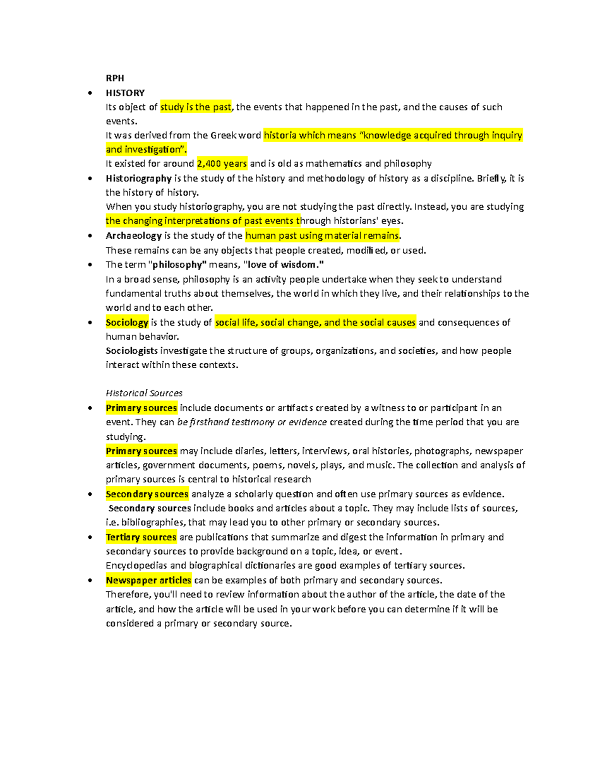 RPH - Midterm Exam Reviewer on History, Ethics, and Sociology - Studocu
