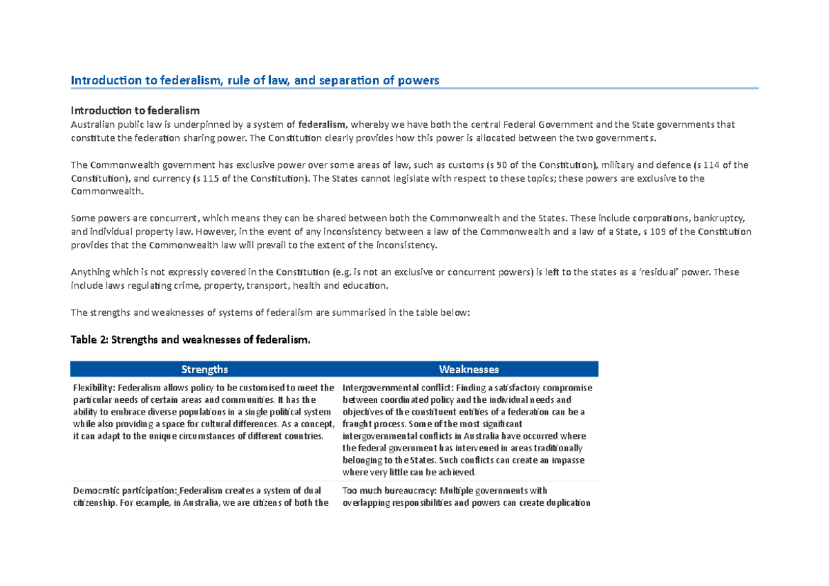 Introduction to federalism, rule of law, and separation of powers - The ...