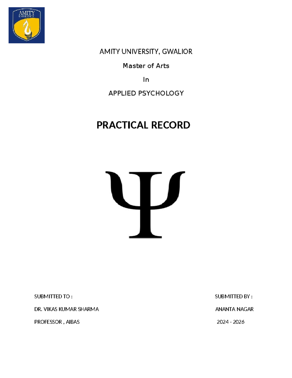 Front page, Practical - From amity university - Applied Psychology ...