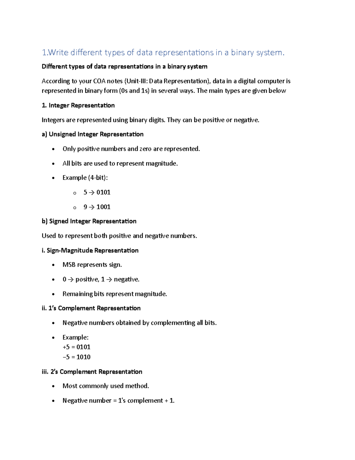 Unit 3 COA Notes: Data Representations in Binary Systems - Studocu