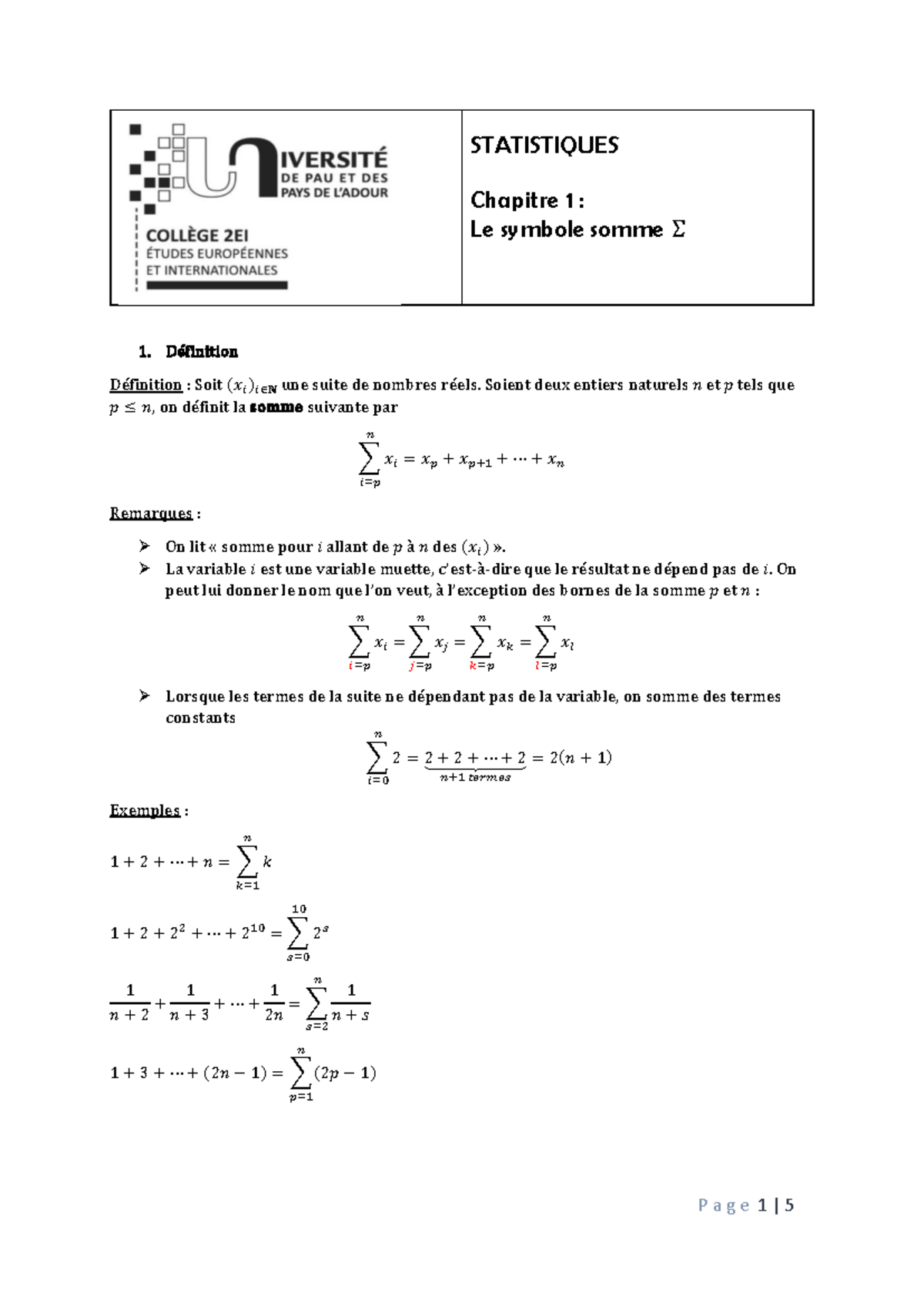 L1 S1 Stats 1 - STATISTIQUES Chapitre 1 : Le symbole somme Σ 1 ...
