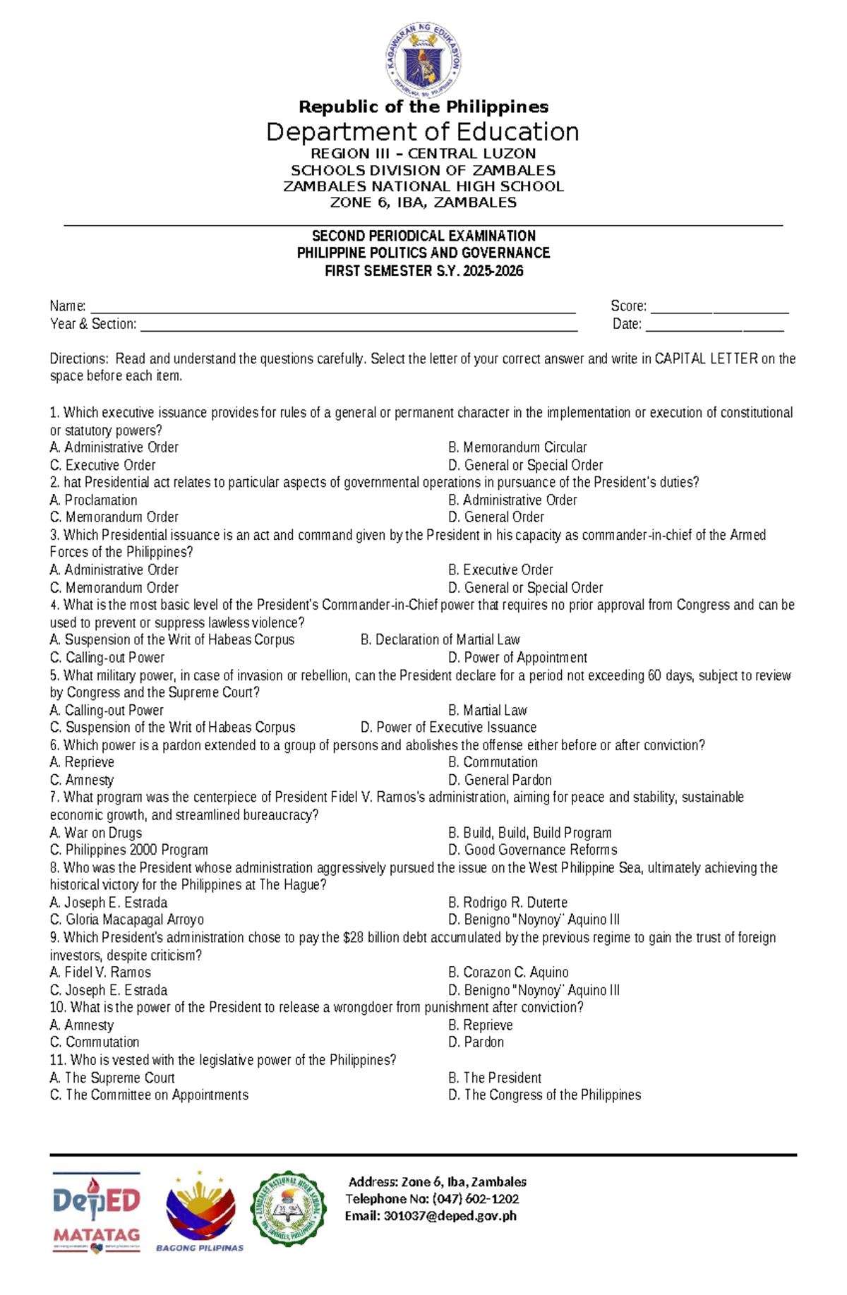 Second Periodical Exam: Philippine Politics and Governance (Pol Gov ...