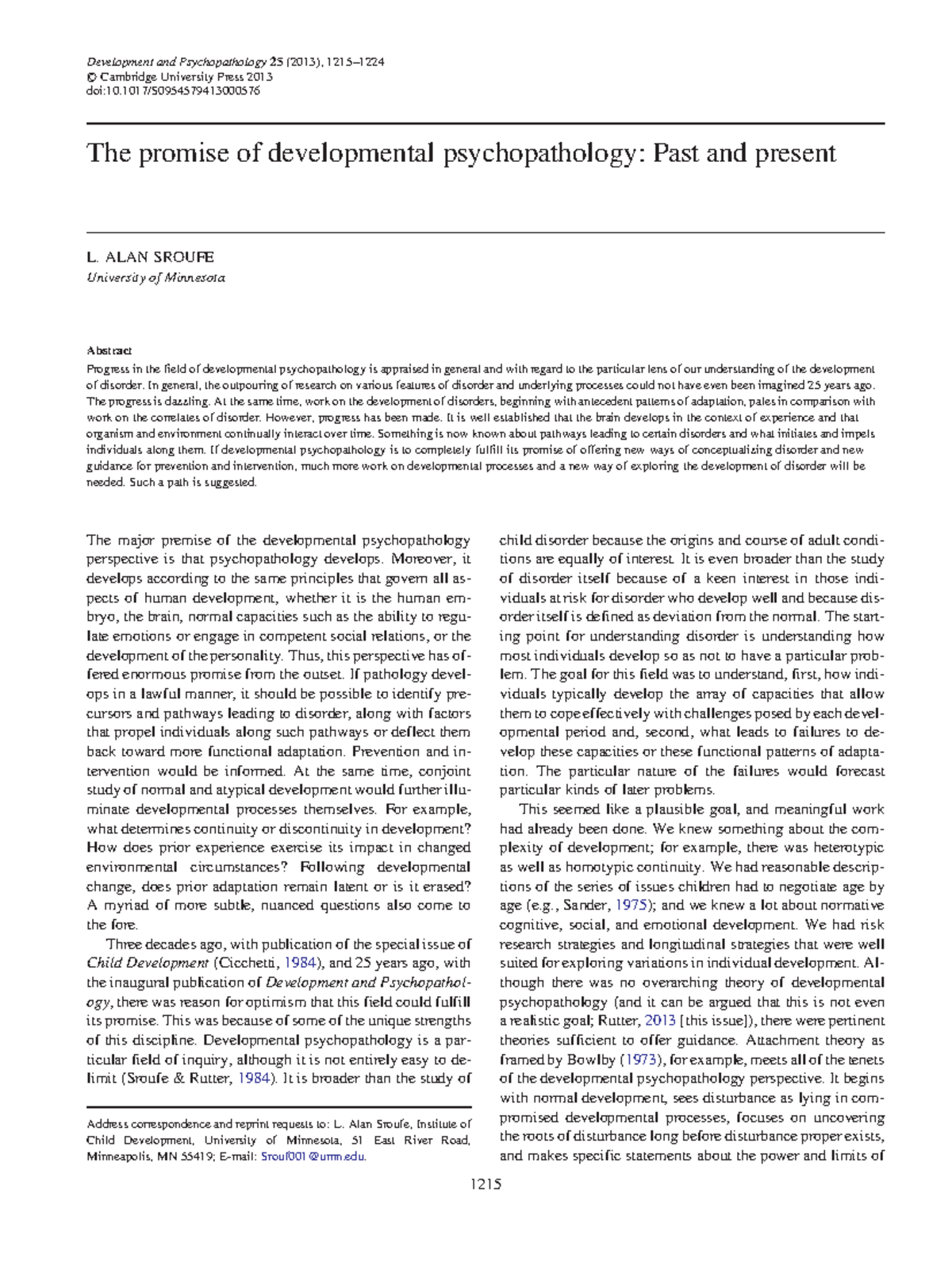 The Promise of Developmental Psychopathology - Sroufe 2013 - Studocu