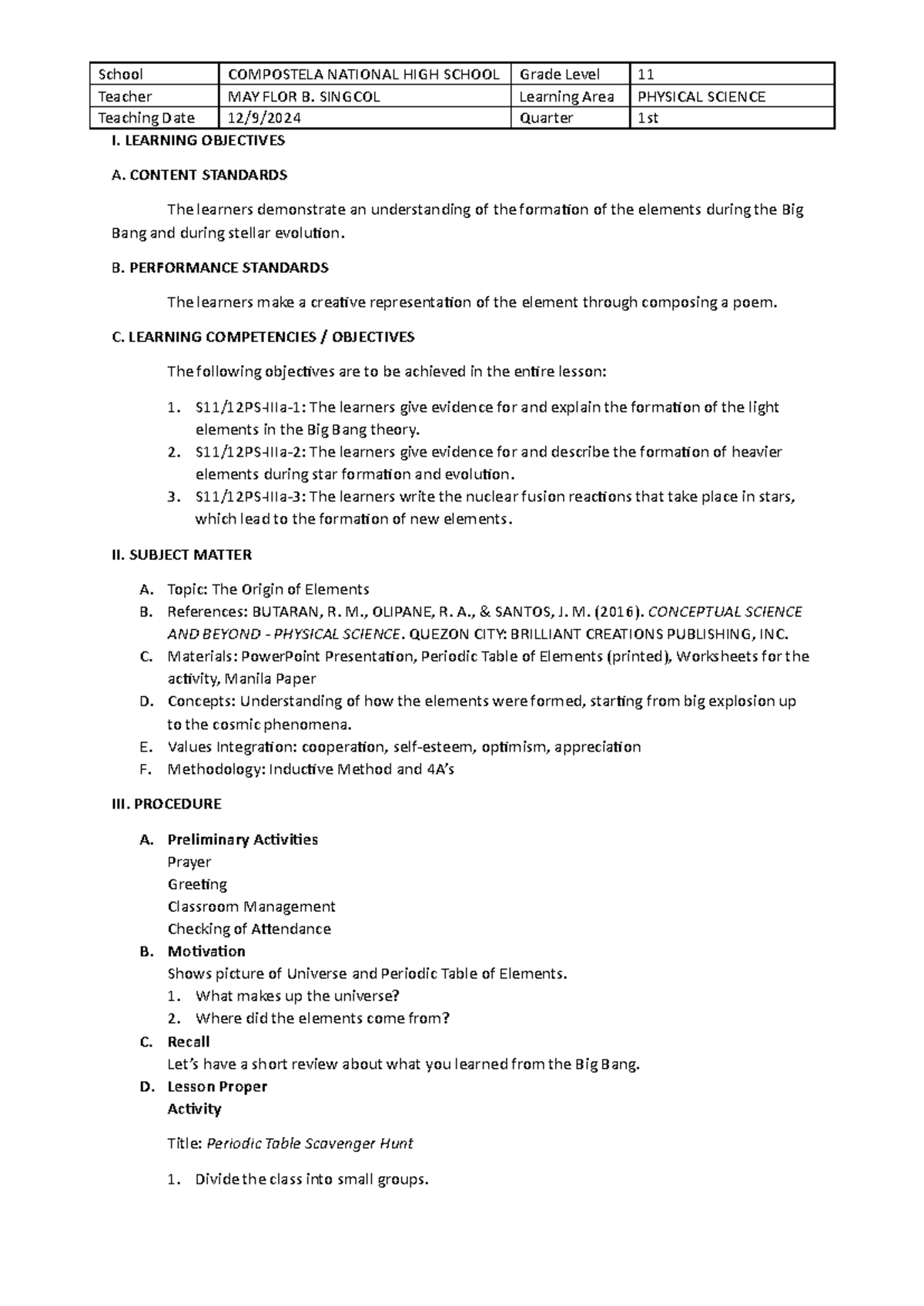 S11/12PS Lesson Plan: Exploring Element Formation & the Big Bang - Studocu