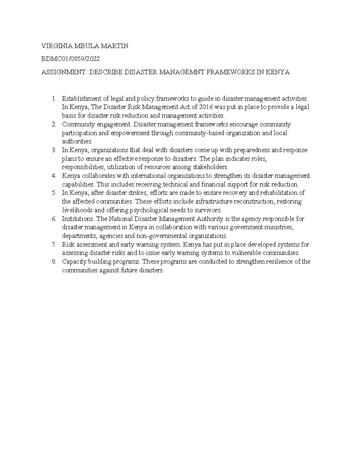 VIRGINIA MBULA MARTIN ASSIGNMENT: DISASTER MANAGEMENT FRAMEWORKS IN ...
