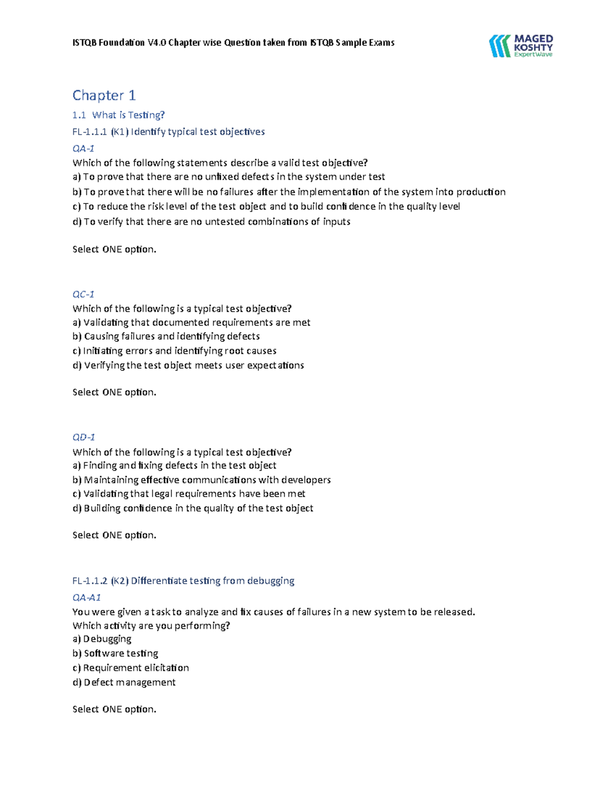 ISTQB Foundation V4.0 Chapter-wise Sample Exam Questions and Answers ...