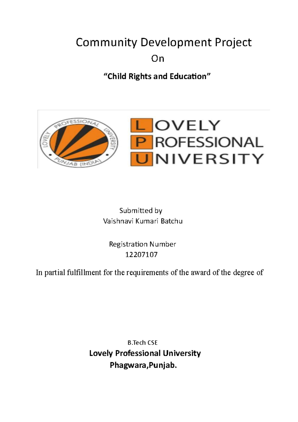 Community Development Project Report on Orphan Rights - B.Tech CSE ...