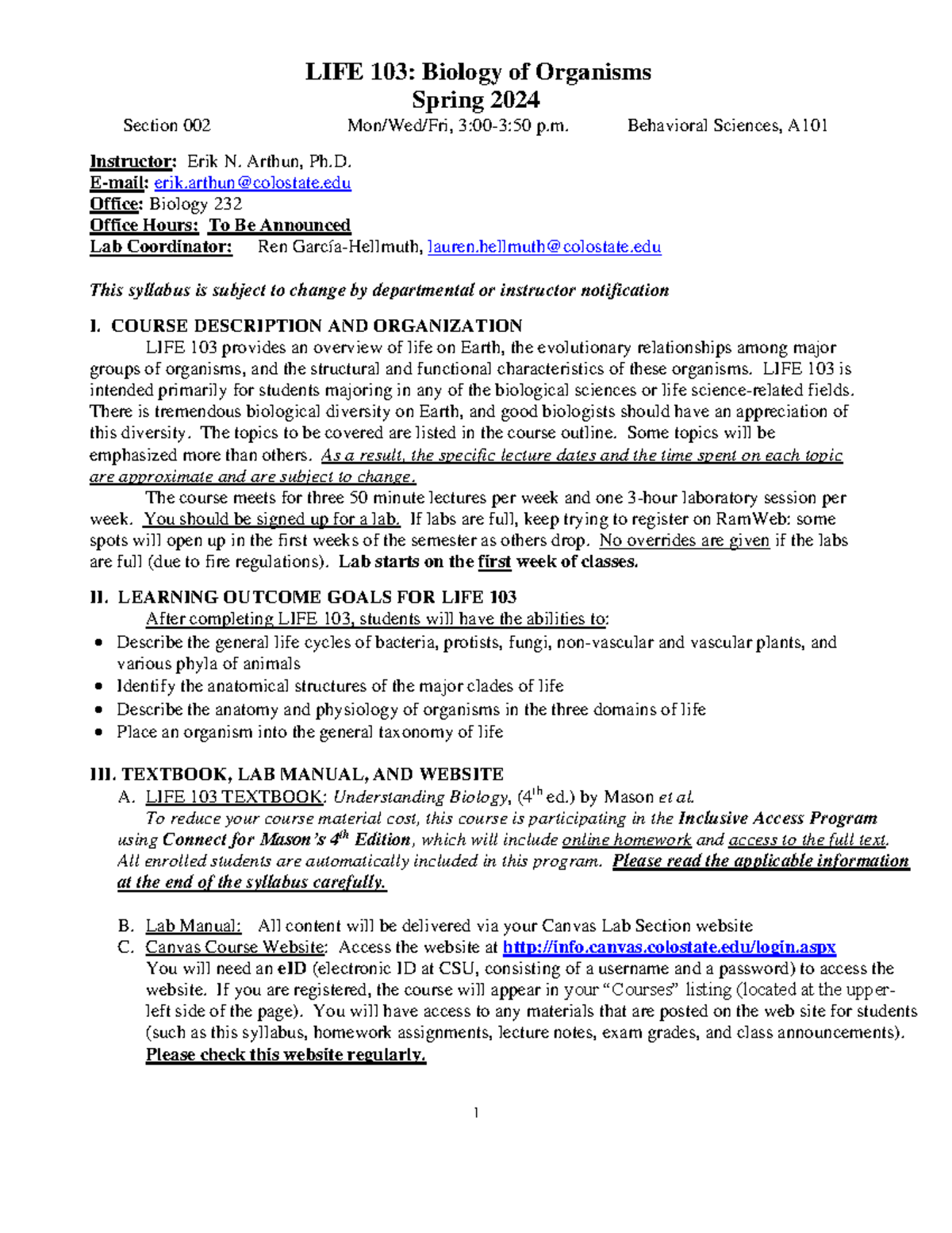 LIFE 103: Biology of Organisms Syllabus - Spring 2024 - Studocu
