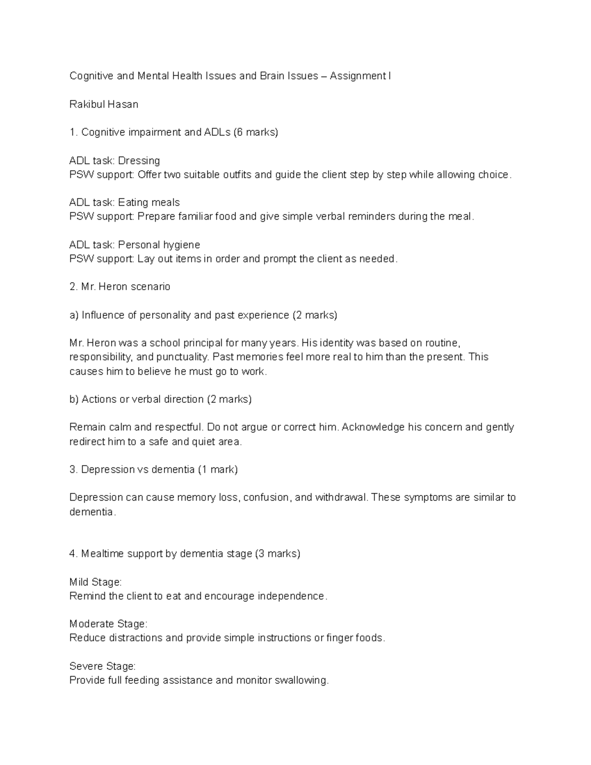 Cognitive & Mental Health Issues Assignment I (PSW) by Rakibul Hasan ...