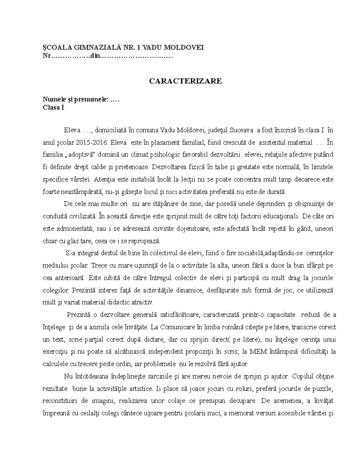 Caracterizarea unei eleve cu CES - Clasa I, Școală Gimnazială - Studocu