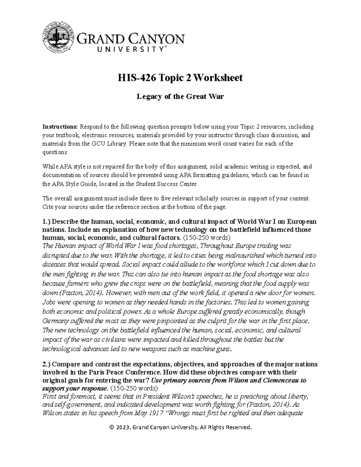 HIS-426 T2 Legacy of the Great War Worksheet - HIS-426 Topic 2 ...