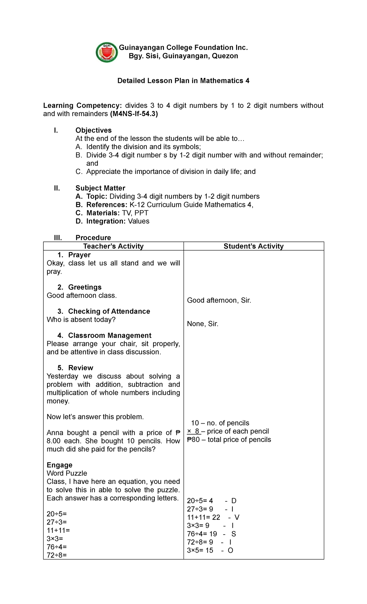 Detailed Lesson Plan for Math 4: Dividing Large Numbers (M4NS-If-54 ...