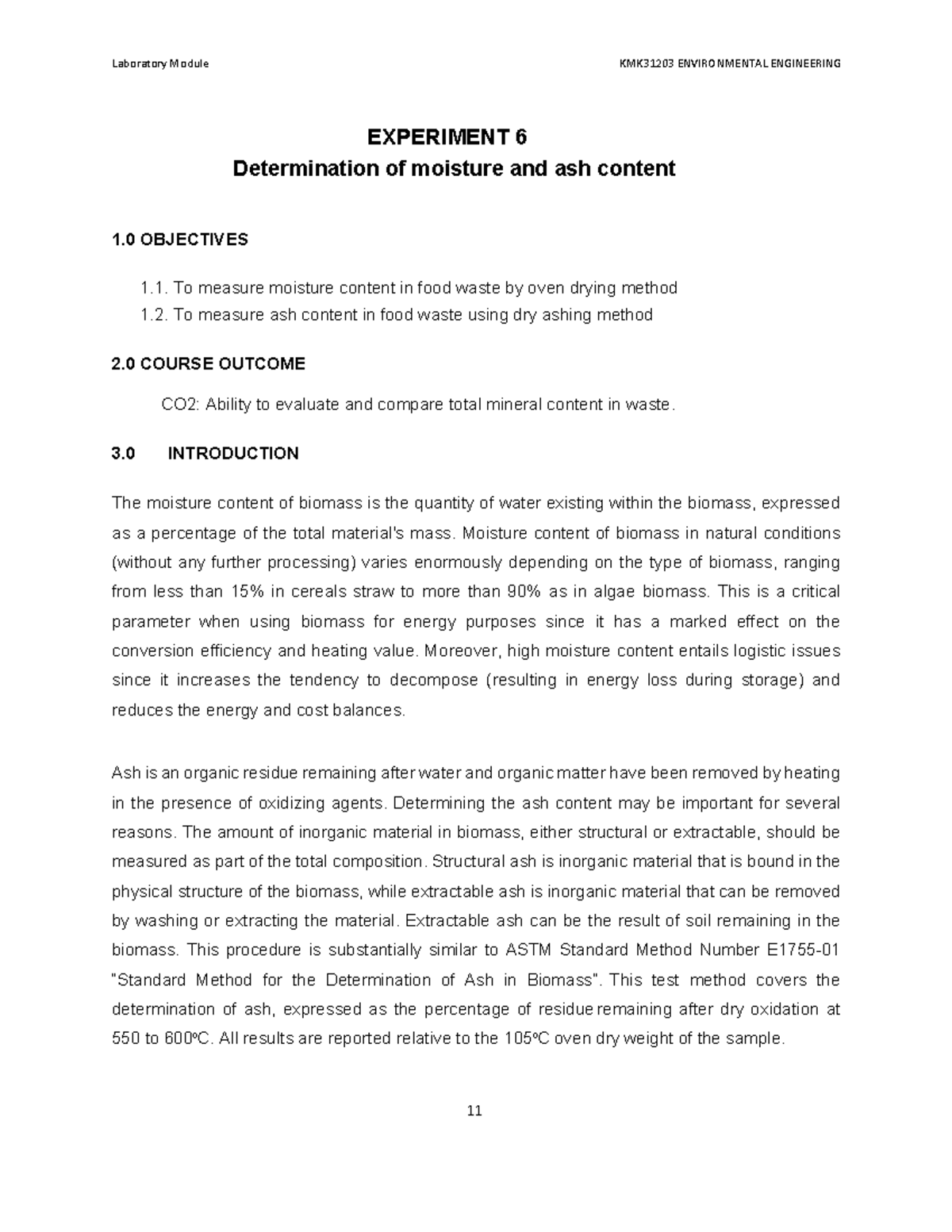 Moisture and Ash Content Analysis Lab Report - Lab 6 - Studocu