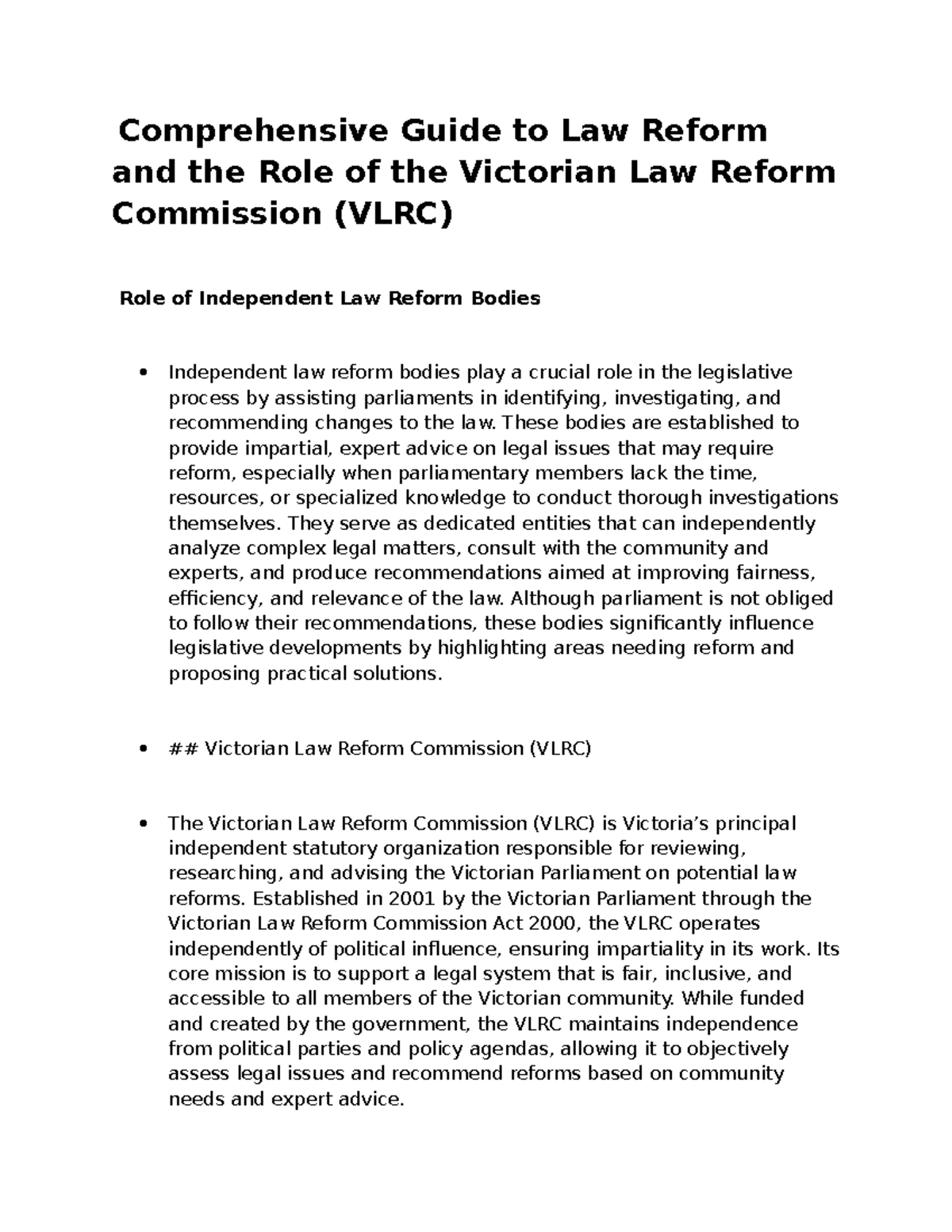 VLRC Final Exam Notes: Comprehensive Overview of Law Reform Processes ...