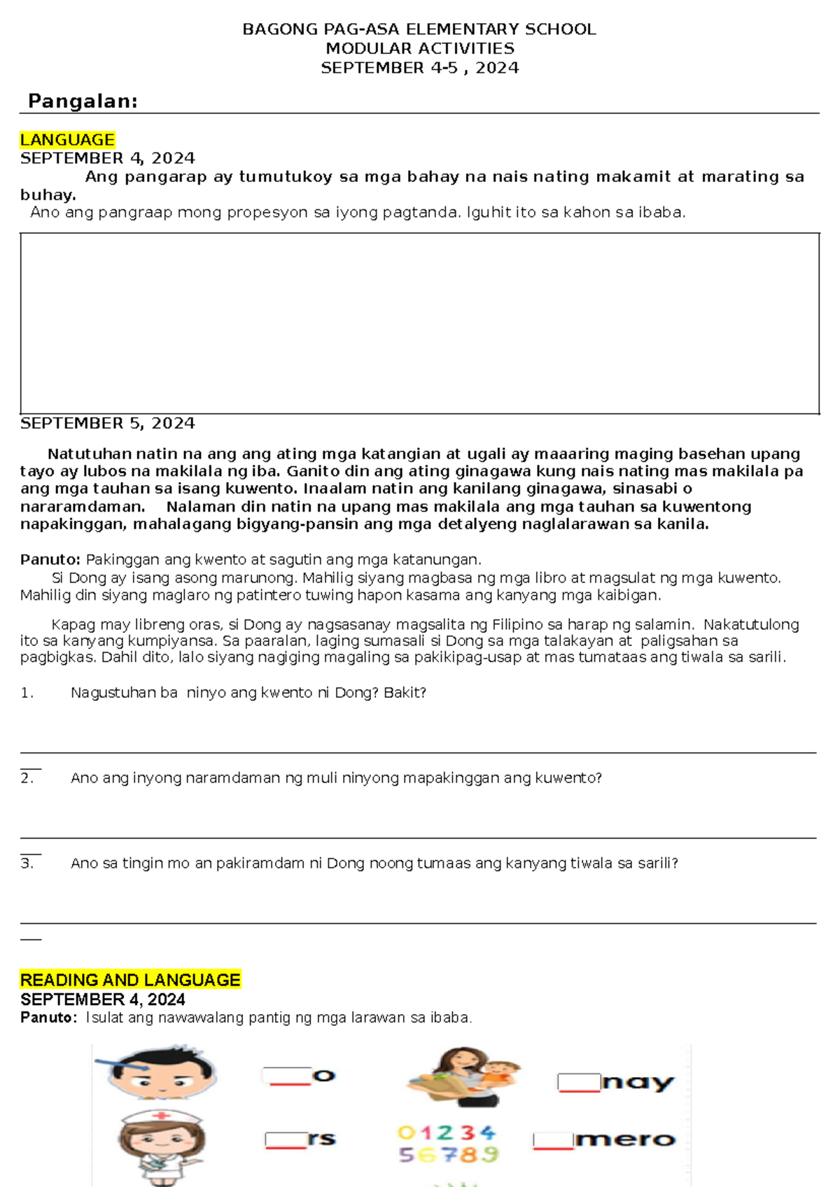 WEEK 6 Modular Activity - BAGONG PAG-ASA ELEMENTARY SCHOOL MODULAR ACTIVITIES SEPTEMBER 4-5 ...