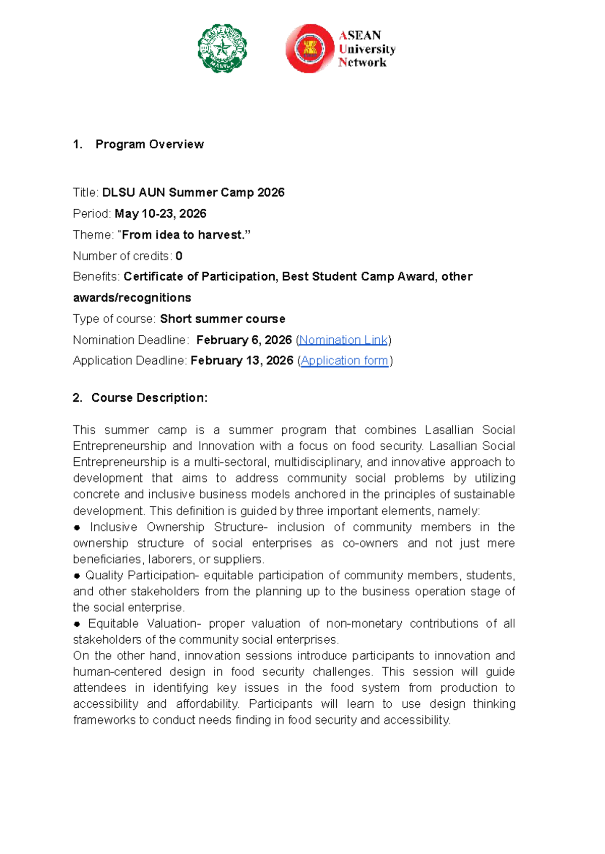 DLSU-AUN Summer Camp 2026: Program Overview & Schedule - Studocu