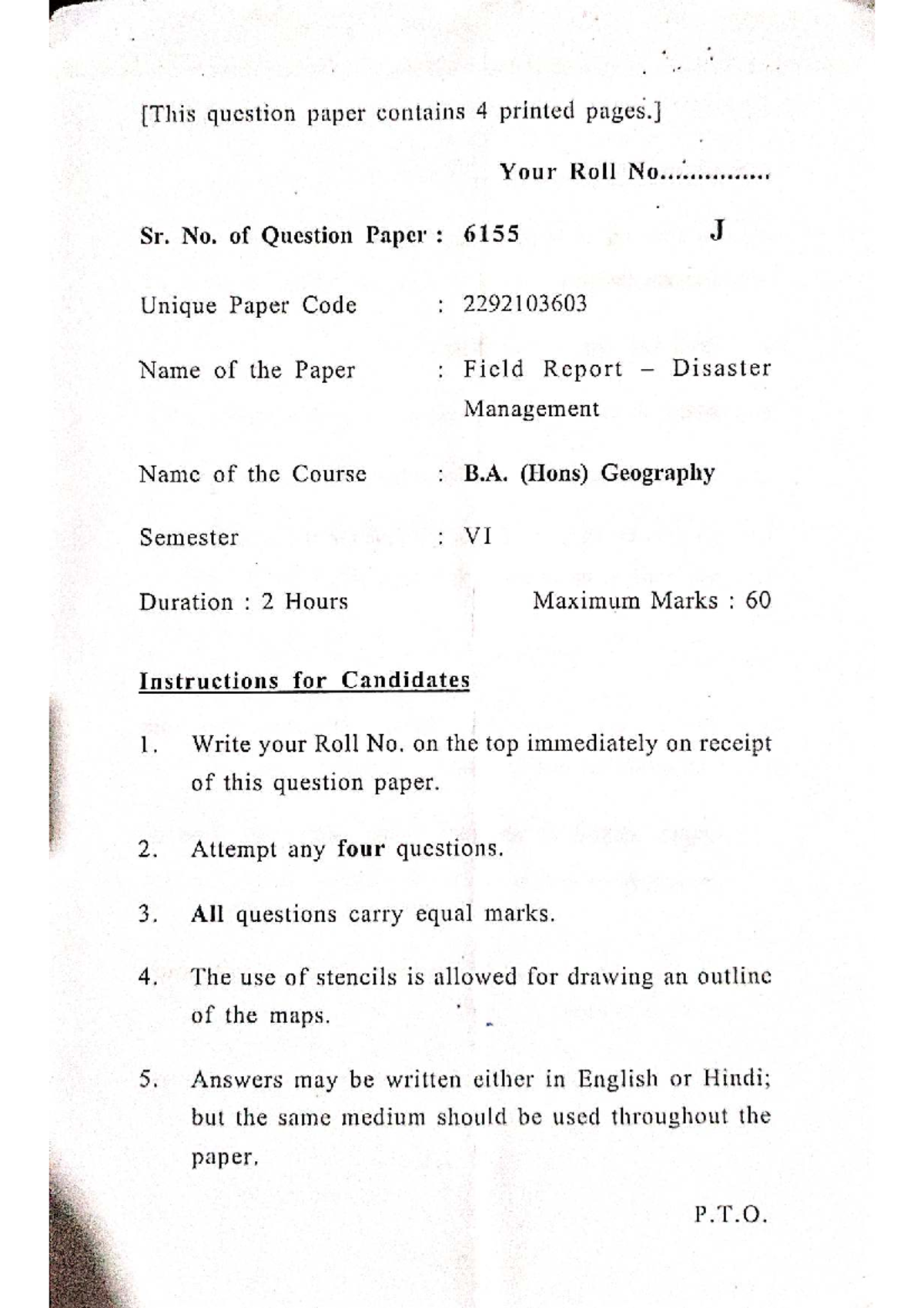 QP- Previous Year Questions for Disaster Management (B.A. Hons) - Studocu