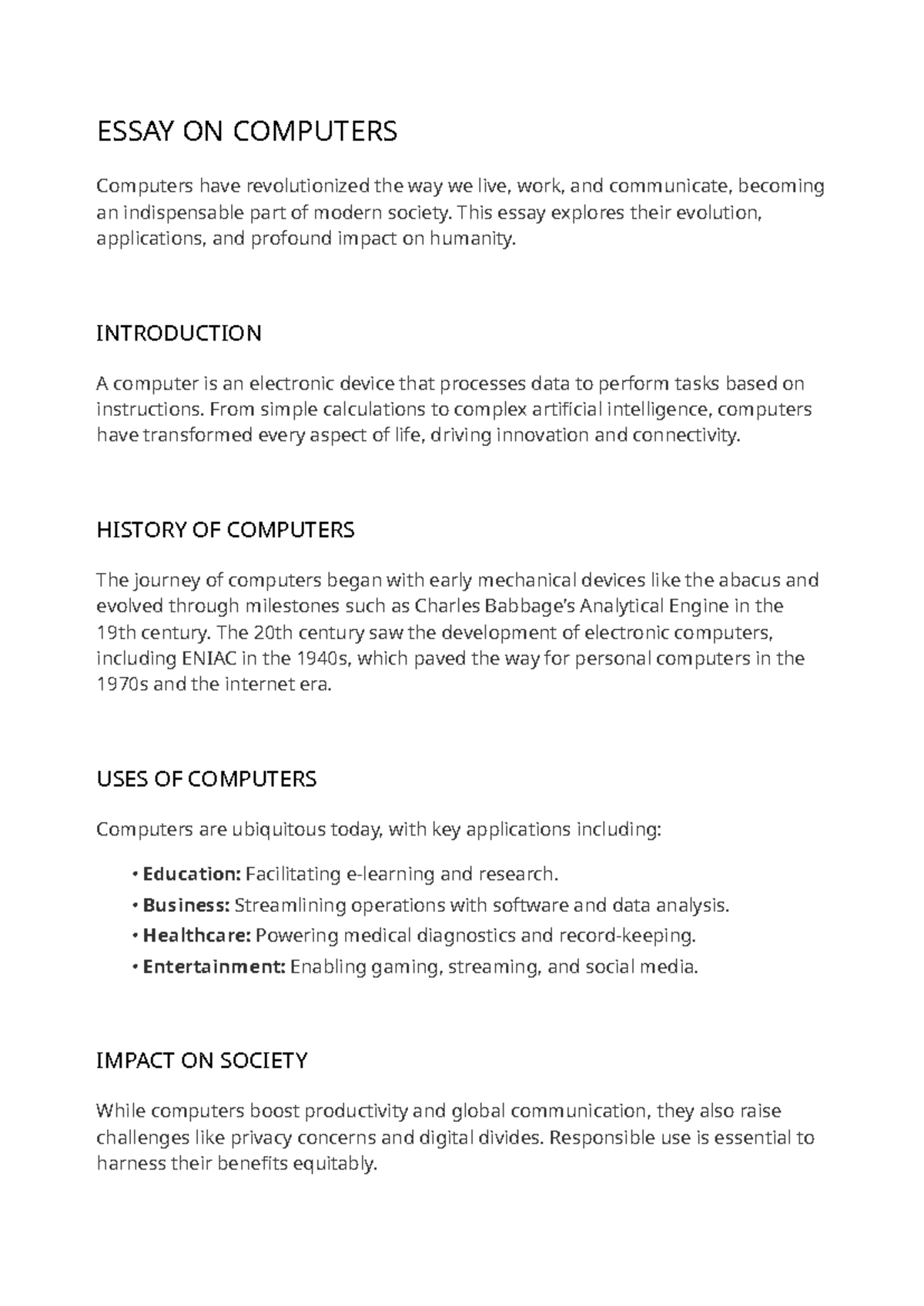 Essay on Computers: Evolution, Impact, and Applications - Studocu