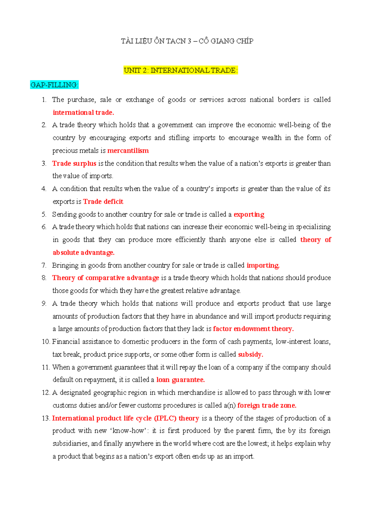 TÀI LIỆU ÔN TACN 3: INTERNATIONAL TRADE AND POLICY NOTES - Studocu