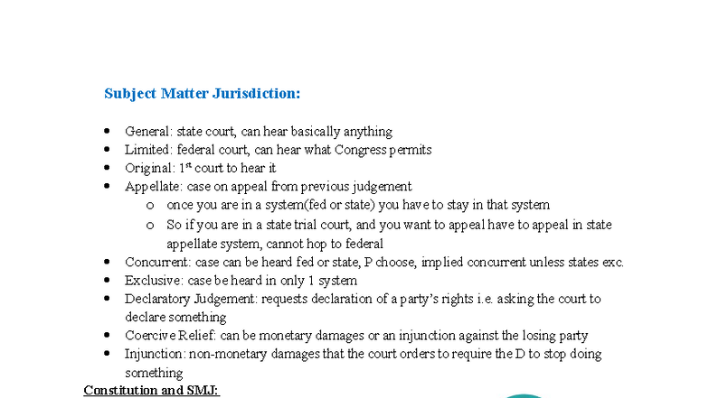 Civ Pro Outline Ho: Subject Matter Jurisdiction & Personal Jurisdiction - Studocu