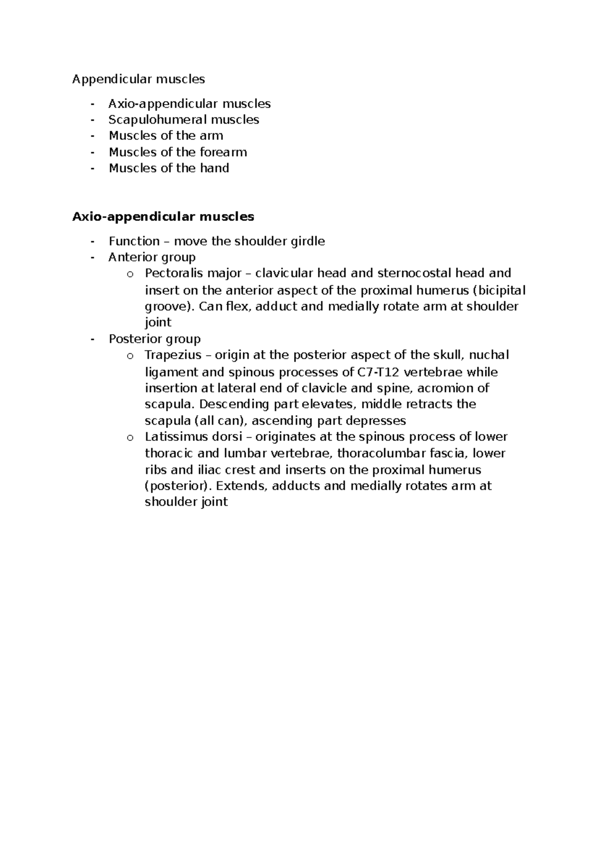 Appendicular Muscles: Scapulohumeral & Arm Muscles Overview - Studocu